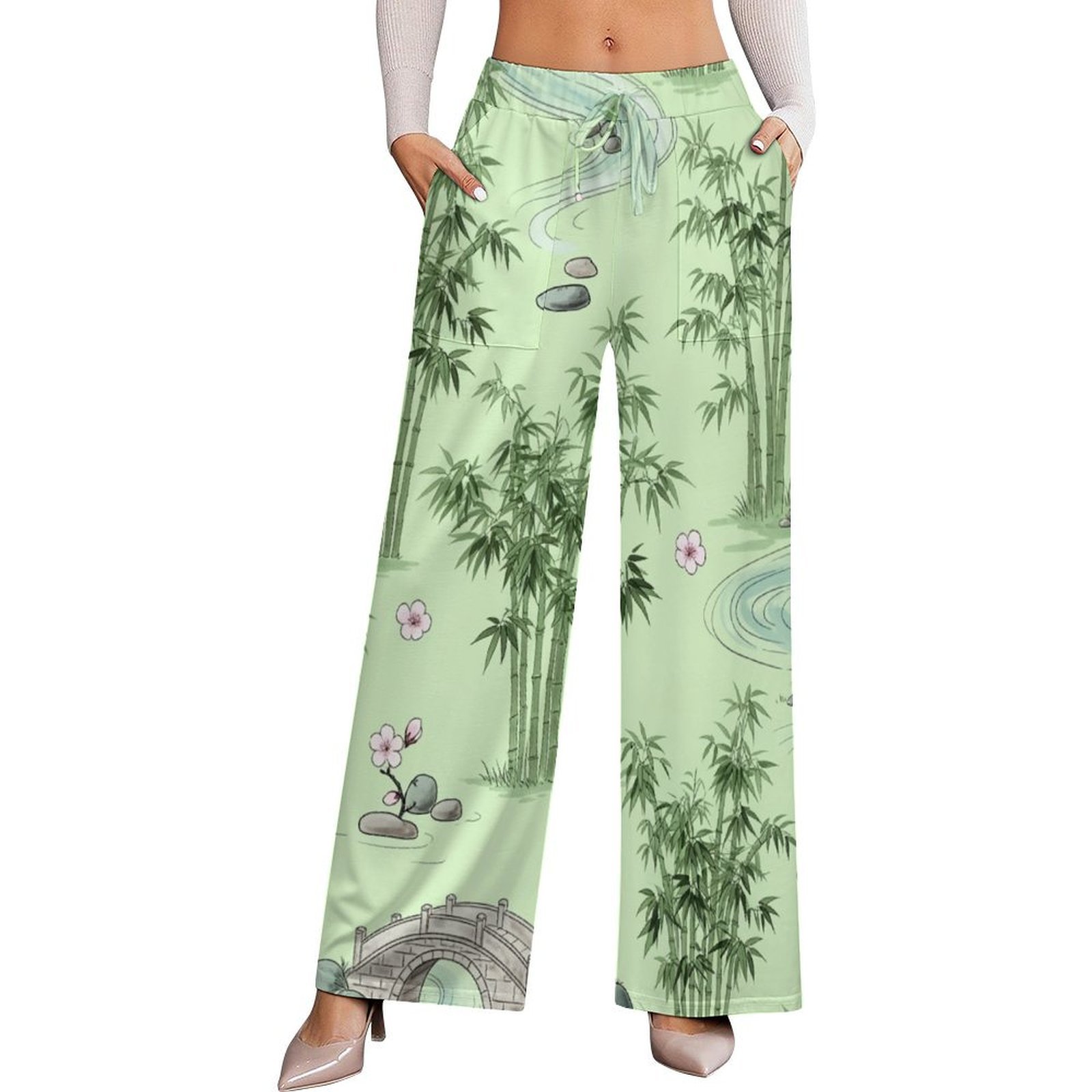 Bamboo Garden Scene Print Women's Casual Wide Leg Pants Comfort Pockets ...