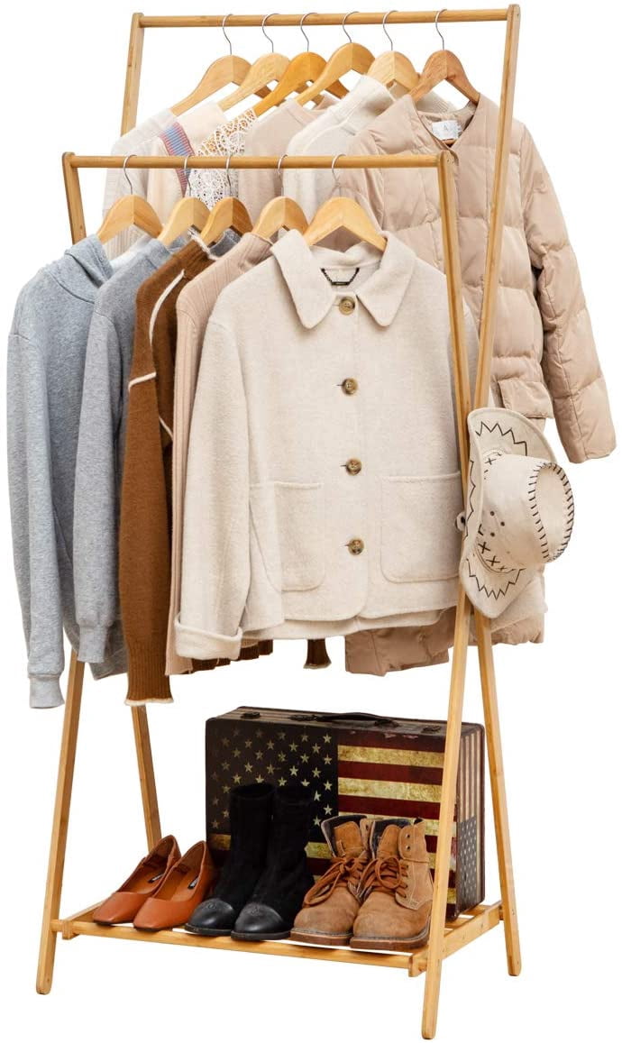 Bamboo Garment Coat Clothes Hanging Heavy Duty Rack Foldable Space ...
