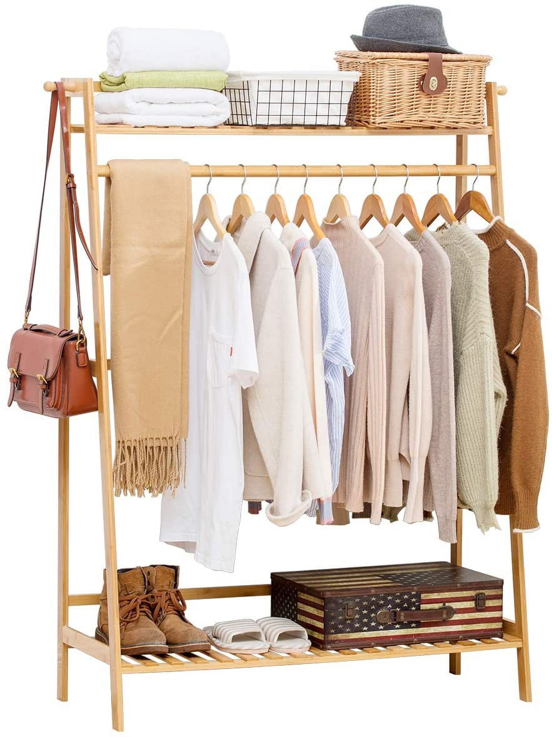 Bamboo Garment Coat Clothes Hanging Heavy Duty Rack with top Shelf and ...