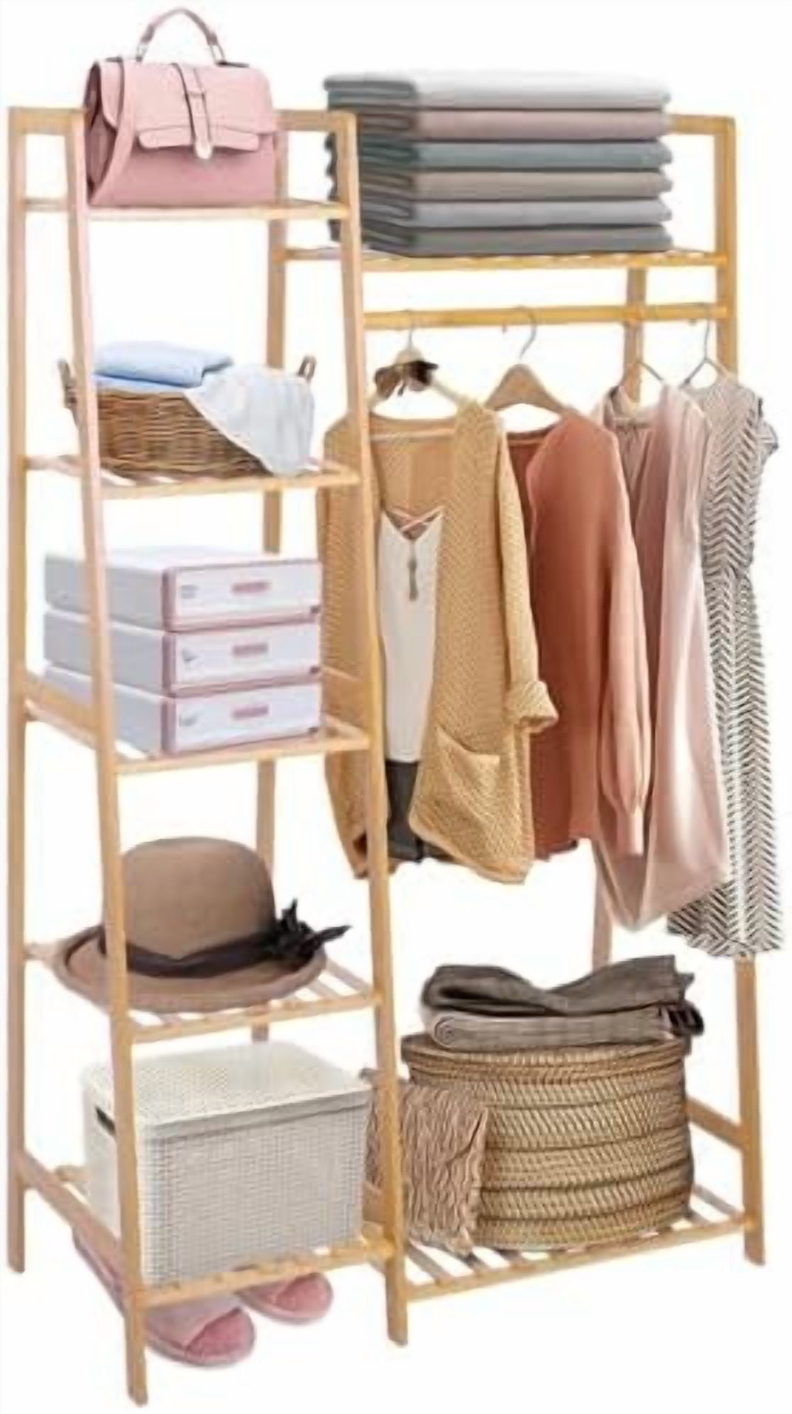 Bamboo Garment Rack 7-Tier Storage Shelves Clothes Hanging Rack, Heavy ...