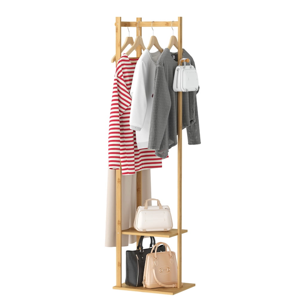 Bamboo Garment Rack, Clothing Rack with 2 Tier Storage Shelves, Wooden ...