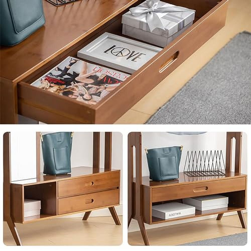 Bamboo Garment Rack Freestanding Closet Rack W/Mirror Drawer &Hooks ...