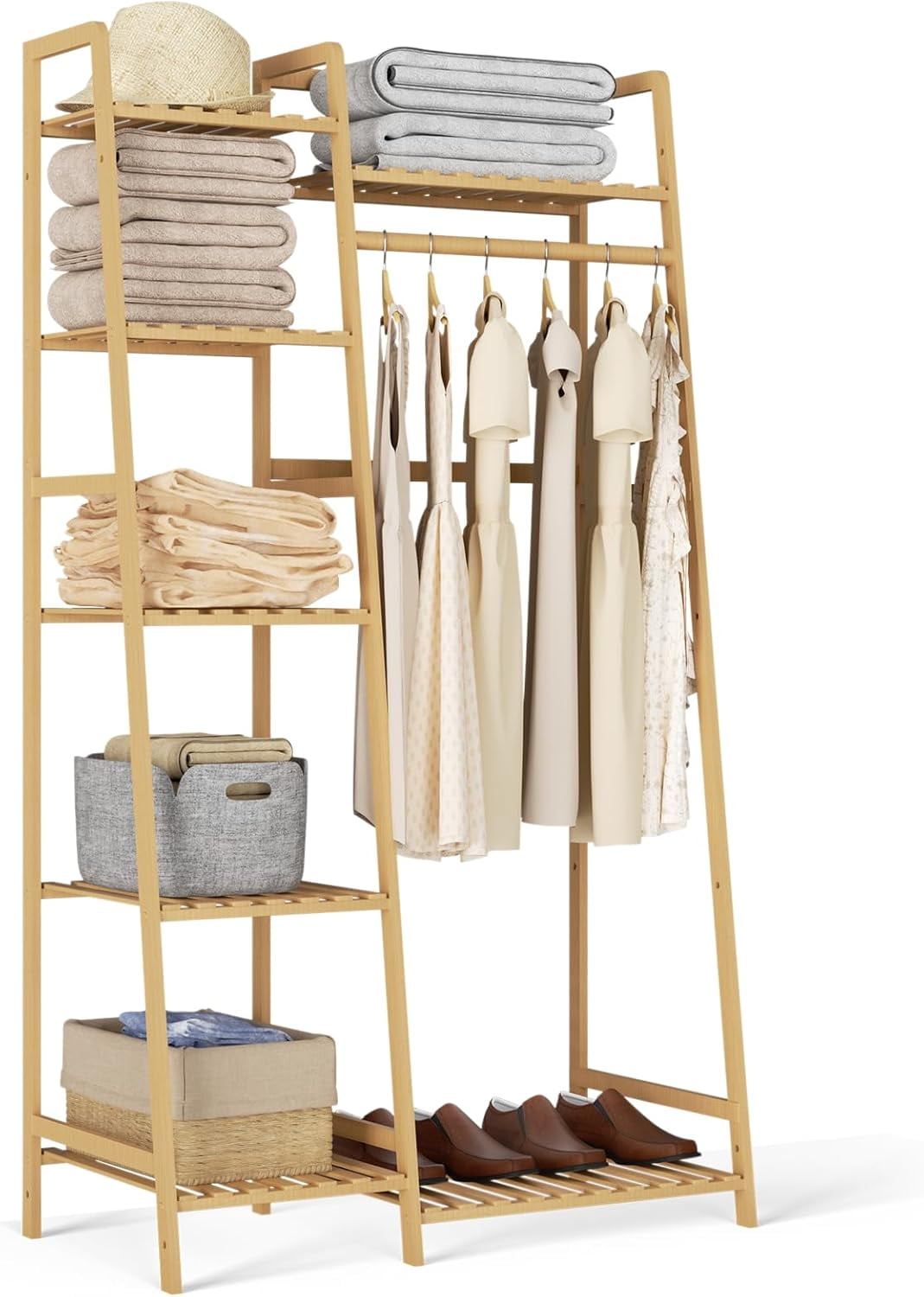 Bamboo Garment Rack Heavy Duty Clothes Rack Storage Shelves, Multi Tier ...