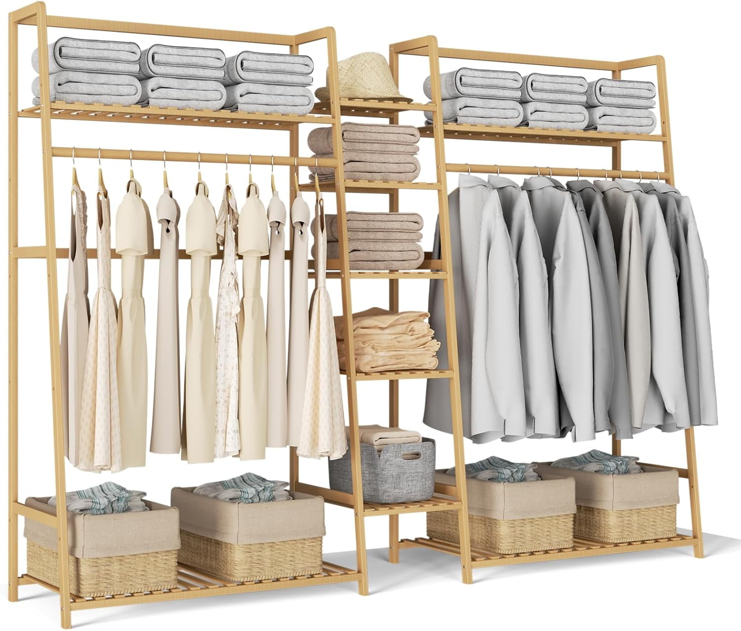 Bamboo Garment Rack Heavy Duty Clothes Rack Storage Shelves, Multi Tier ...