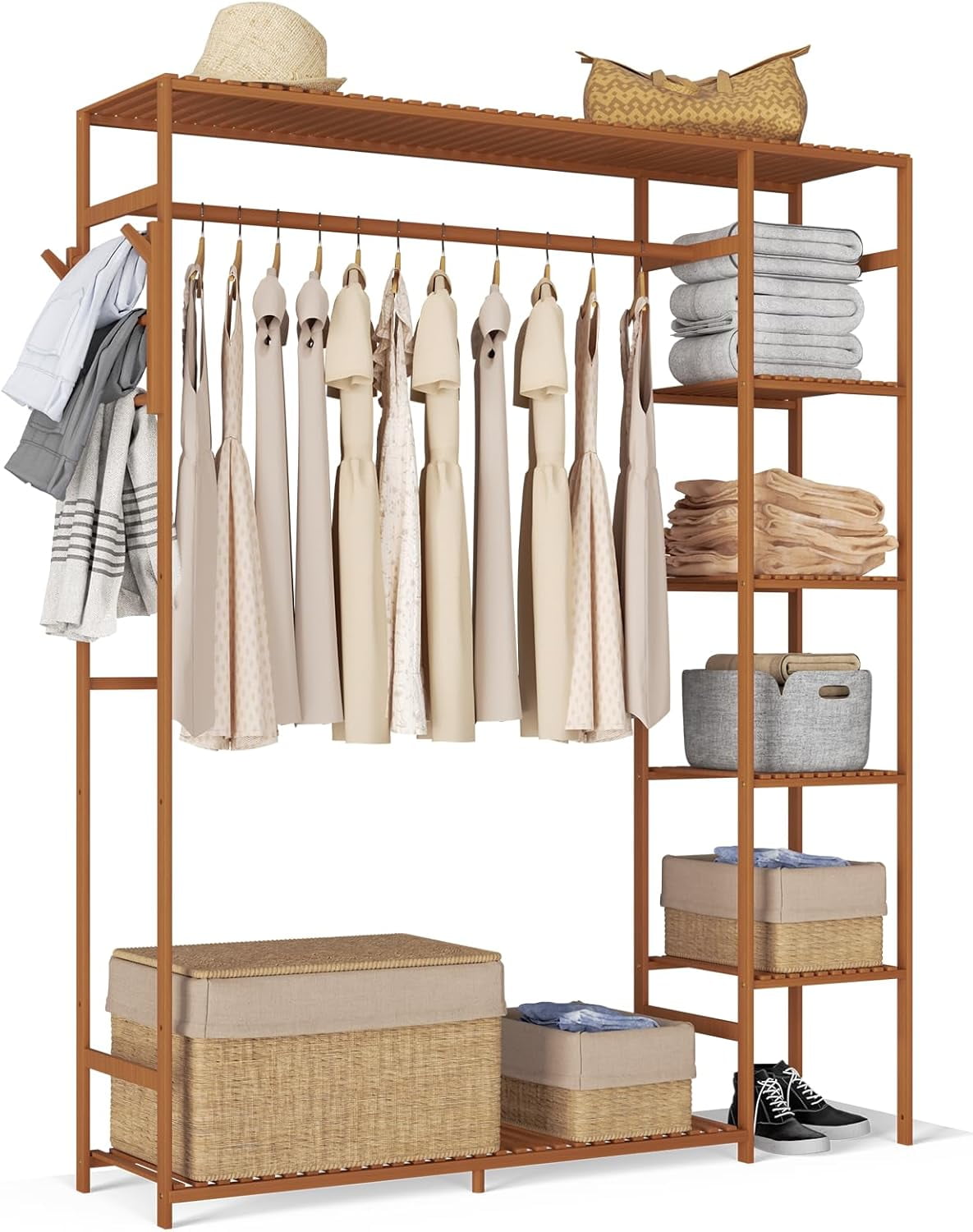 Bamboo Garment Rack Multi Tier Clothes Rack Storage Shelves with Side ...