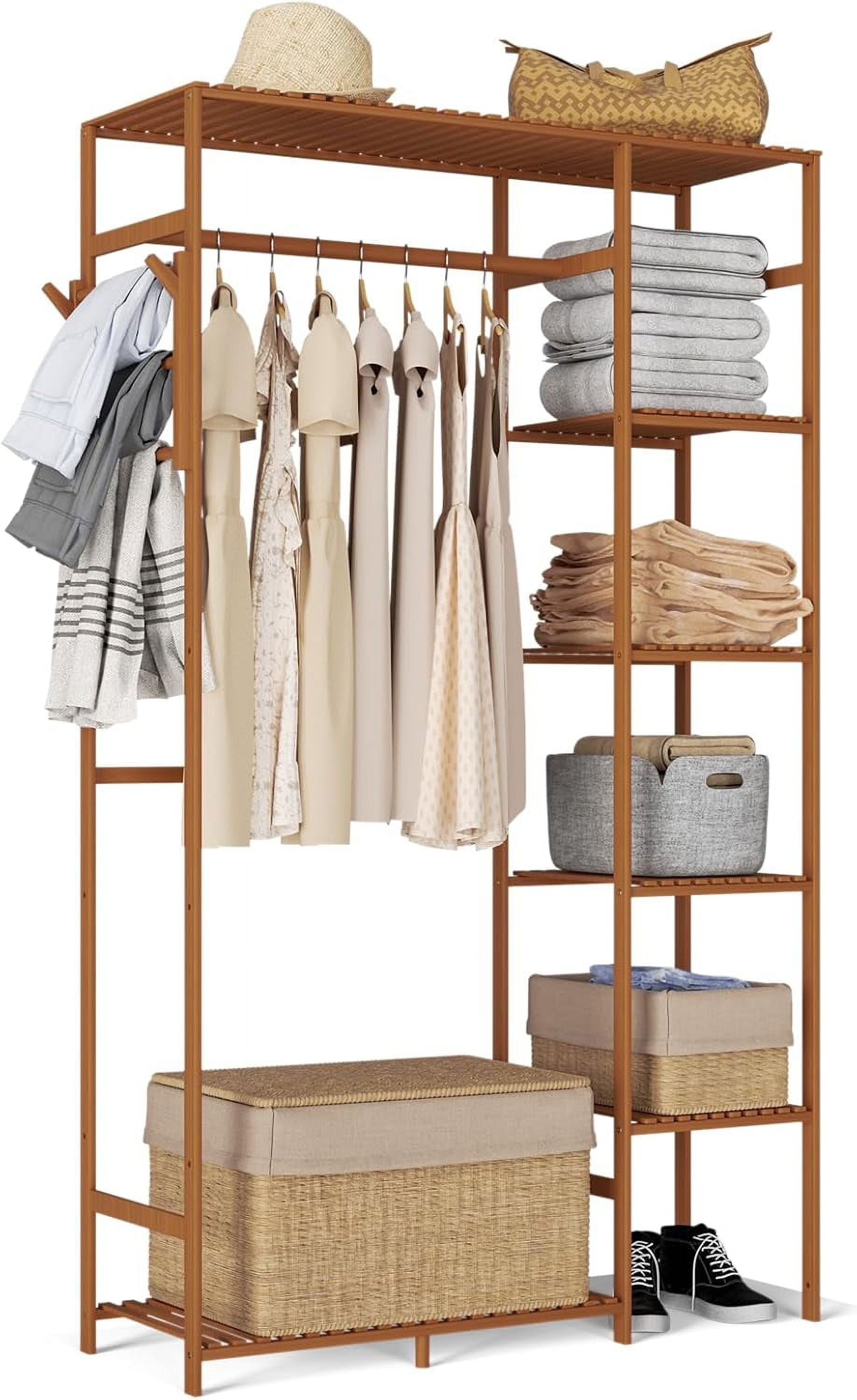 Bamboo Garment Rack Multi Tier Clothes Rack Storage Shelves with Side ...