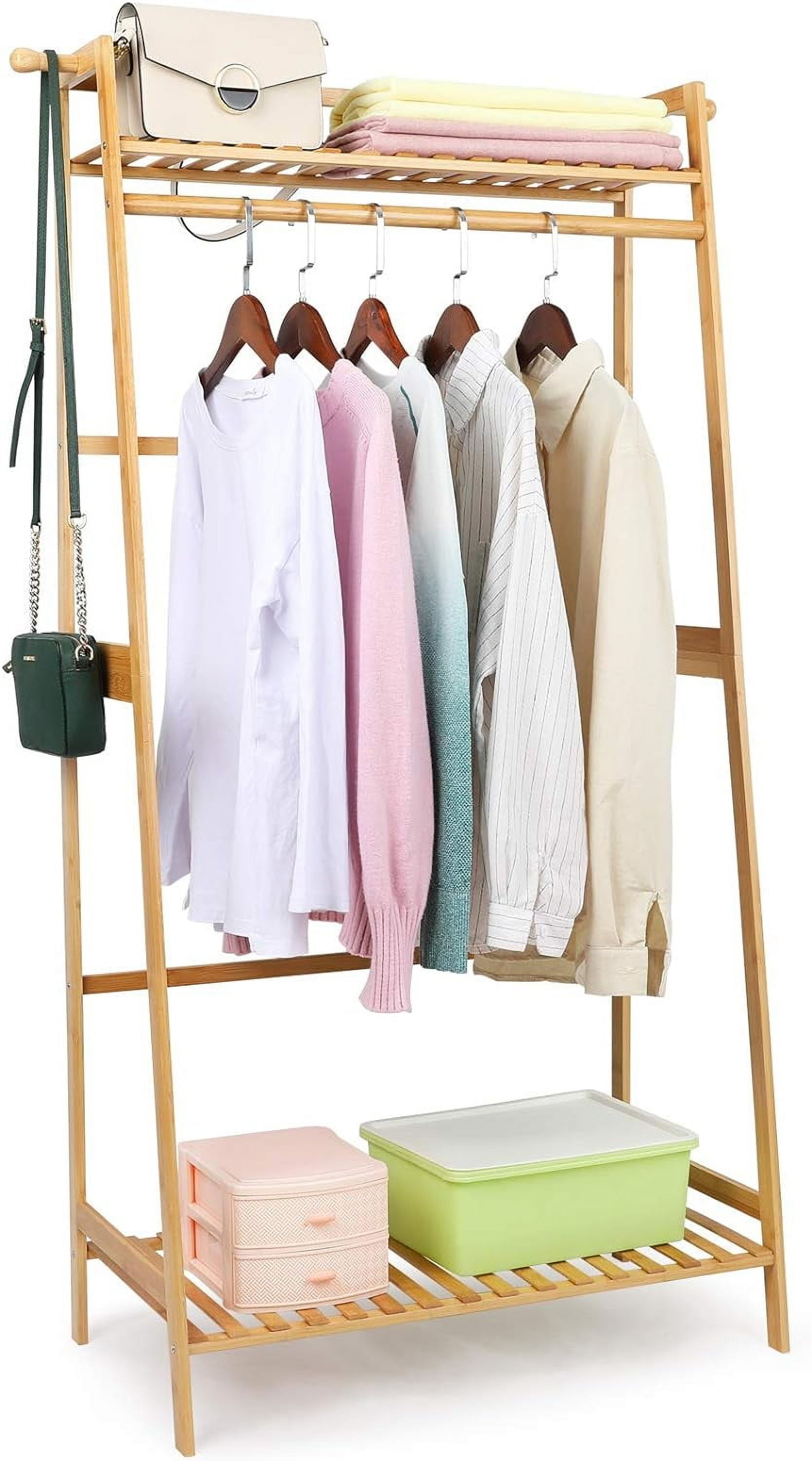 Bamboo Garment Rack with Shelves, Wooden Small Corner Clothing Racks ...