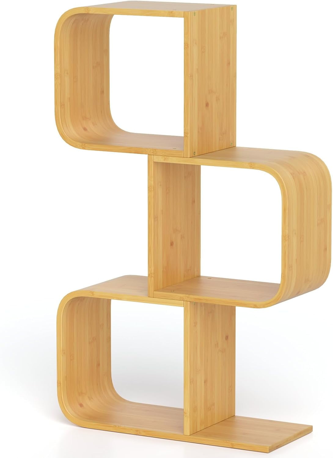 Bamboo Geometric Bookcase, S Shaped Bookshelf with Open Cubes, Wooden ...