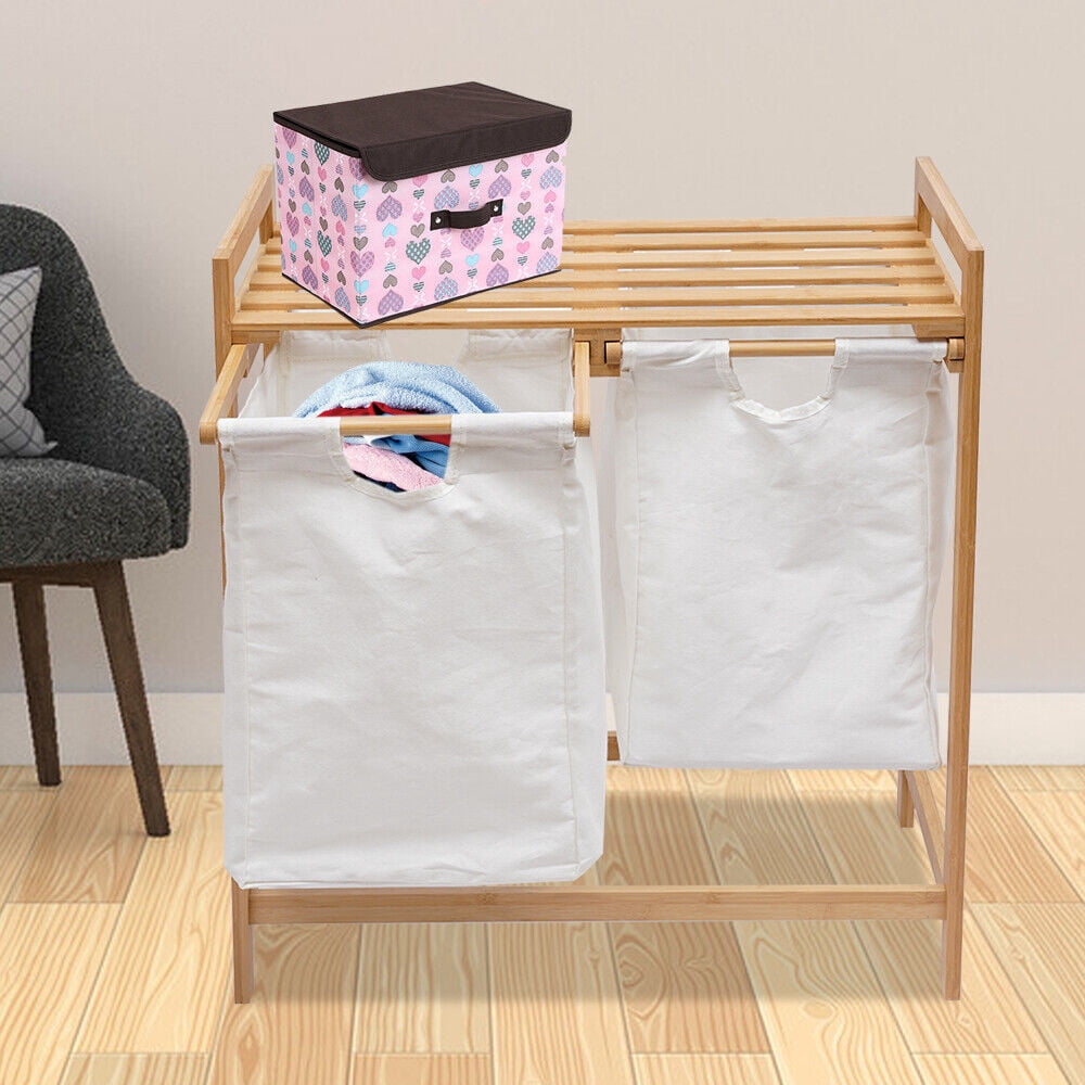 Bamboo Hamper Laundry Basket Washing Cloth Bin Toy Storage With Shelf ...