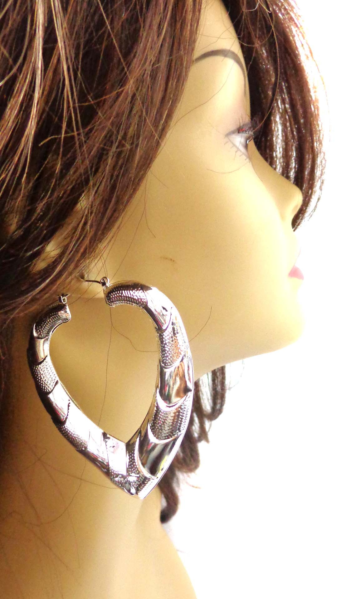 Bamboo Heart Hoop Earrings Puffy Silver Tone 3 inch Hoops Puffed Large ...