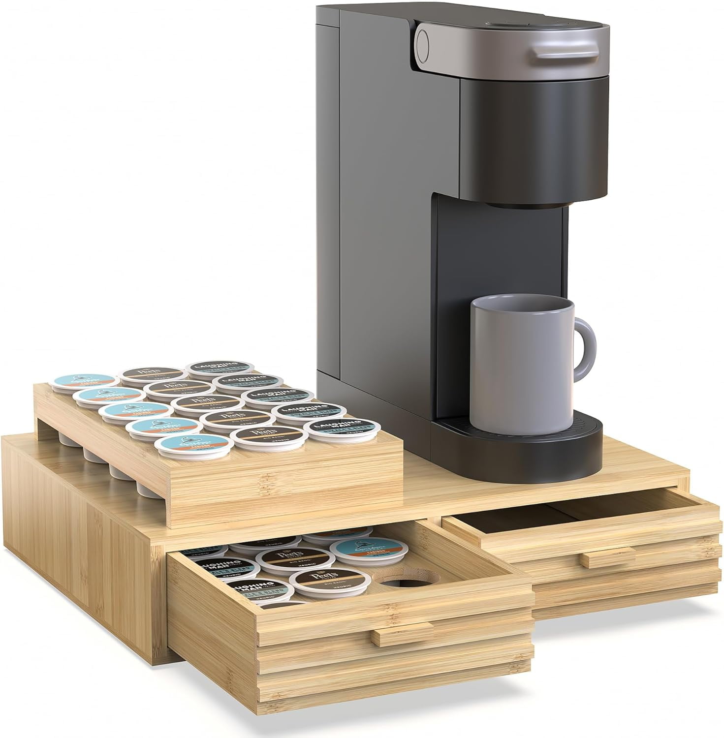 Bamboo K Cup Pods Holder Organizer with 2 Sliding Drawers & 2 Coffee ...