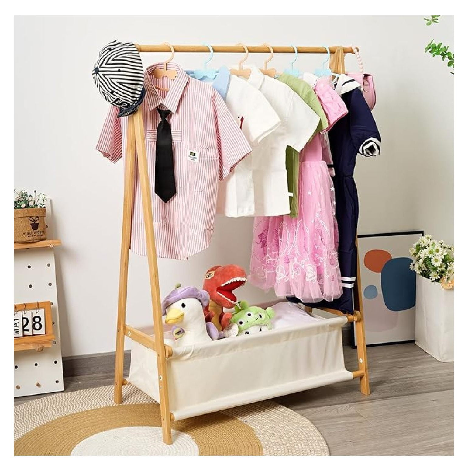 Bamboo Kids Clothing Rack with Storage Box - Foldable,Kids Dress Up ...