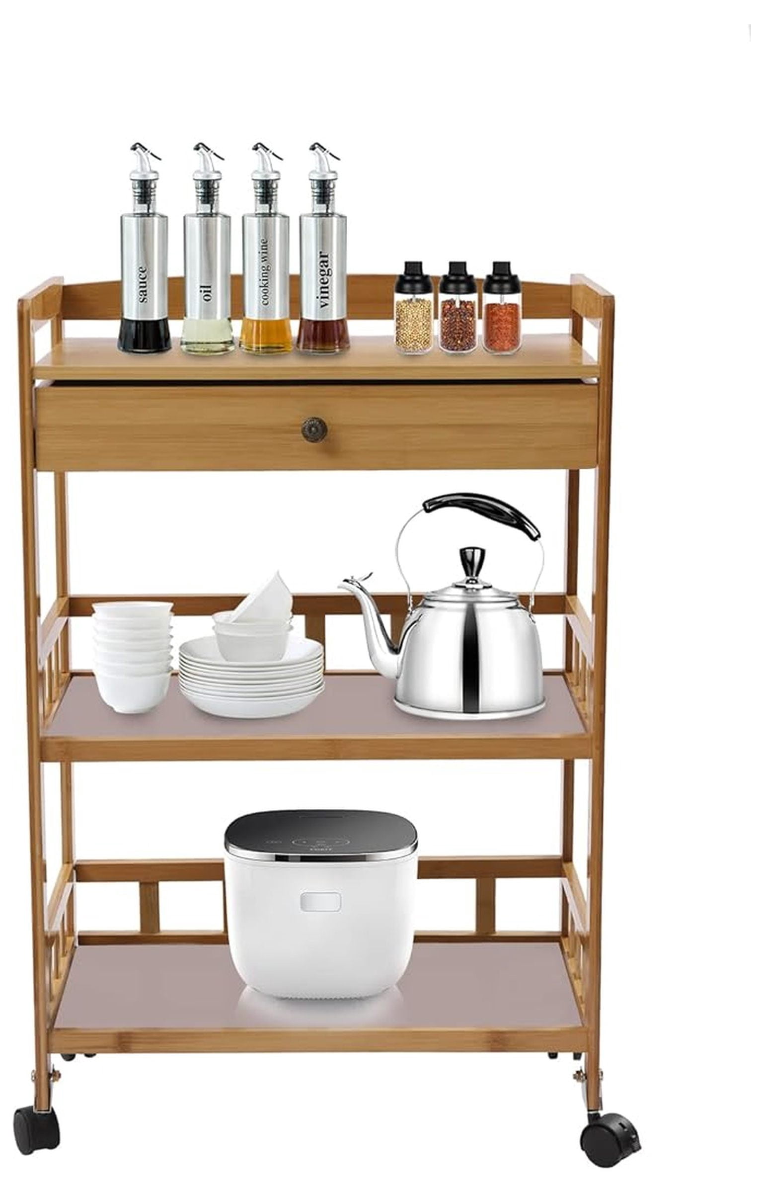 Bamboo Kitchen Cart 3 Tier, Mobile Storage Cart with Drawer & 2 Pans ...
