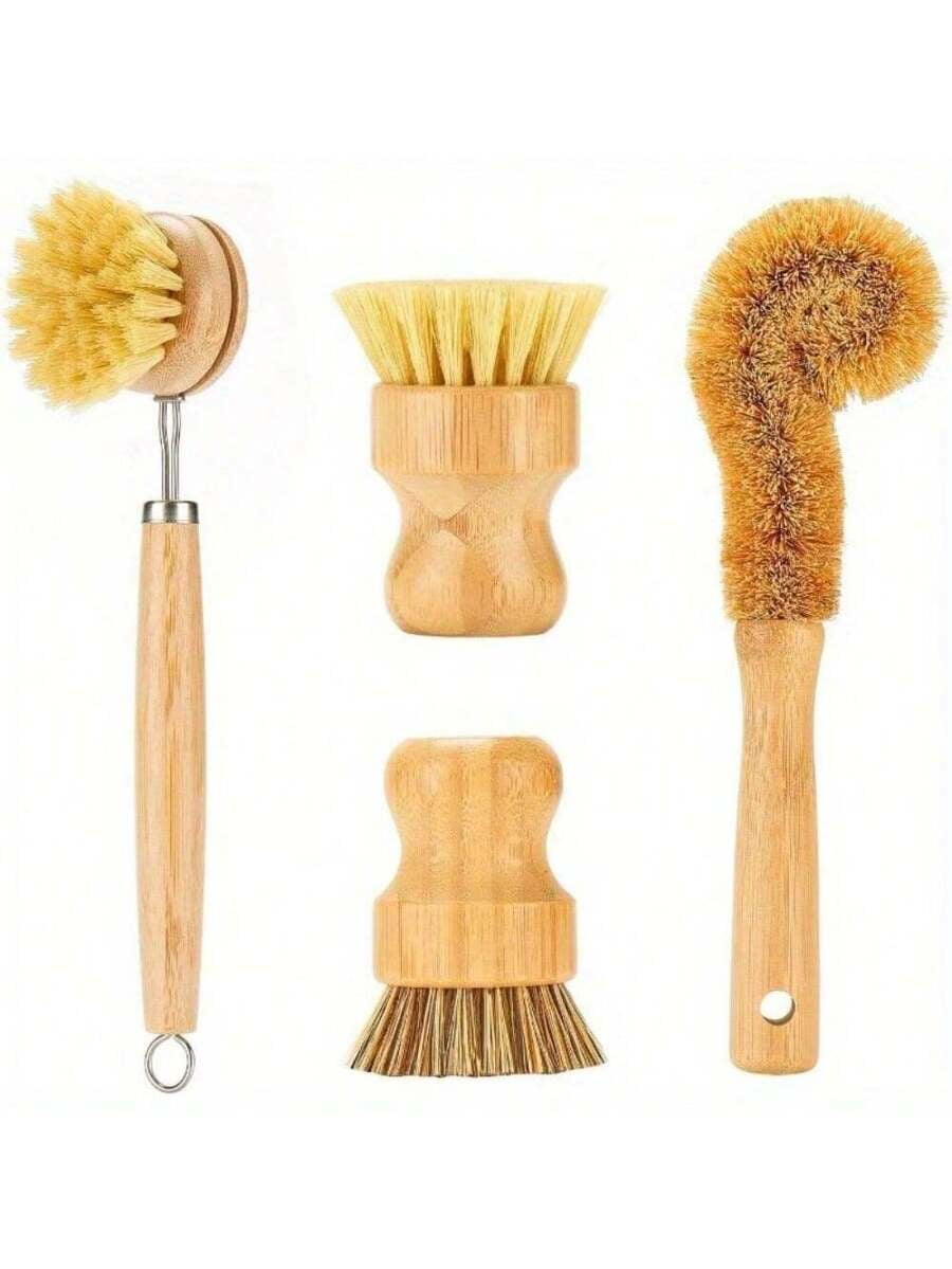 Bamboo Kitchen Dish Brush Set 4pcs Natural Bristle Scrub Brushes for ...