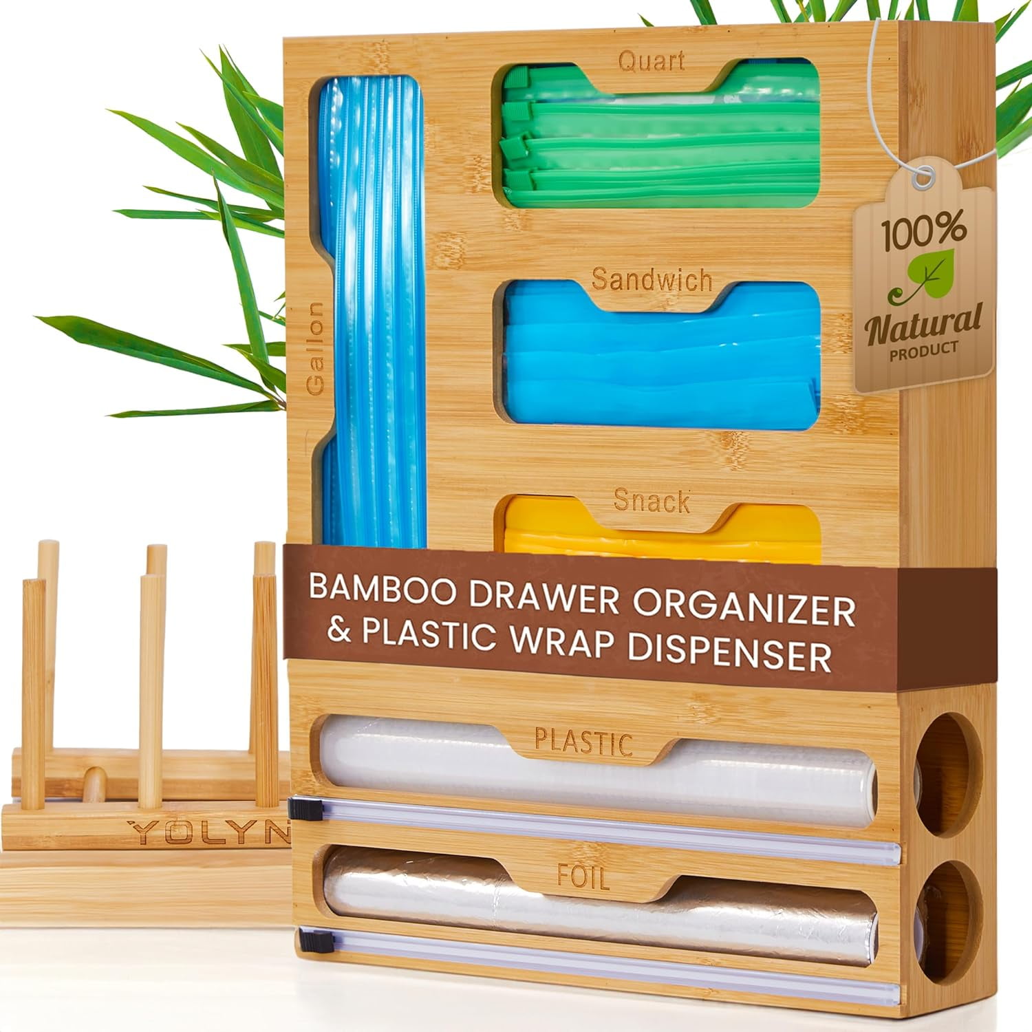 Bamboo Kitchen Drawer Organizer Box - Baggie, Foil, Plastic & Wrap Food ...
