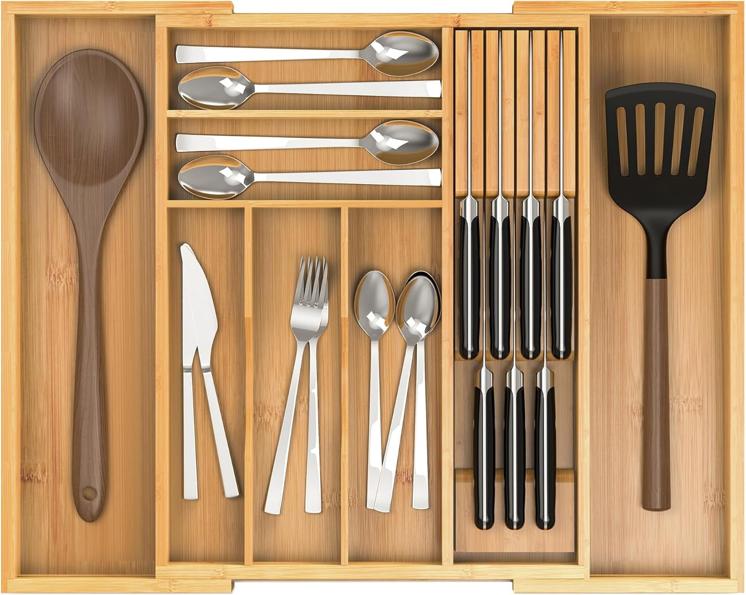 Bamboo Kitchen Drawer Organizer, Expandable Utensil Organizer with ...