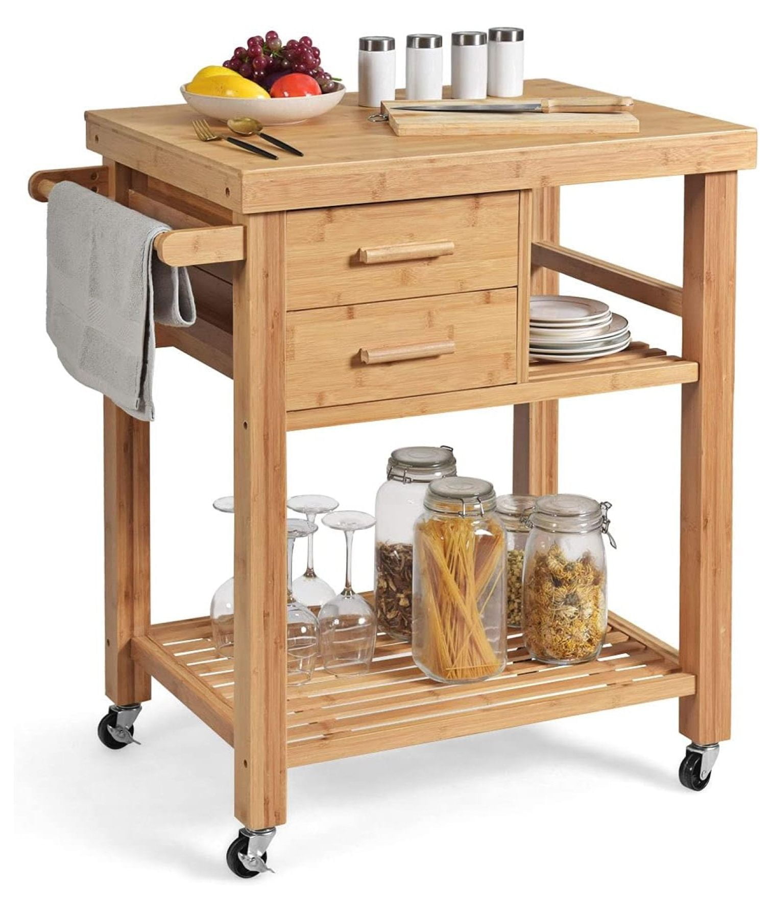 Bamboo Kitchen Island Cart, Butcher Block Table on Wheels with Drawers ...