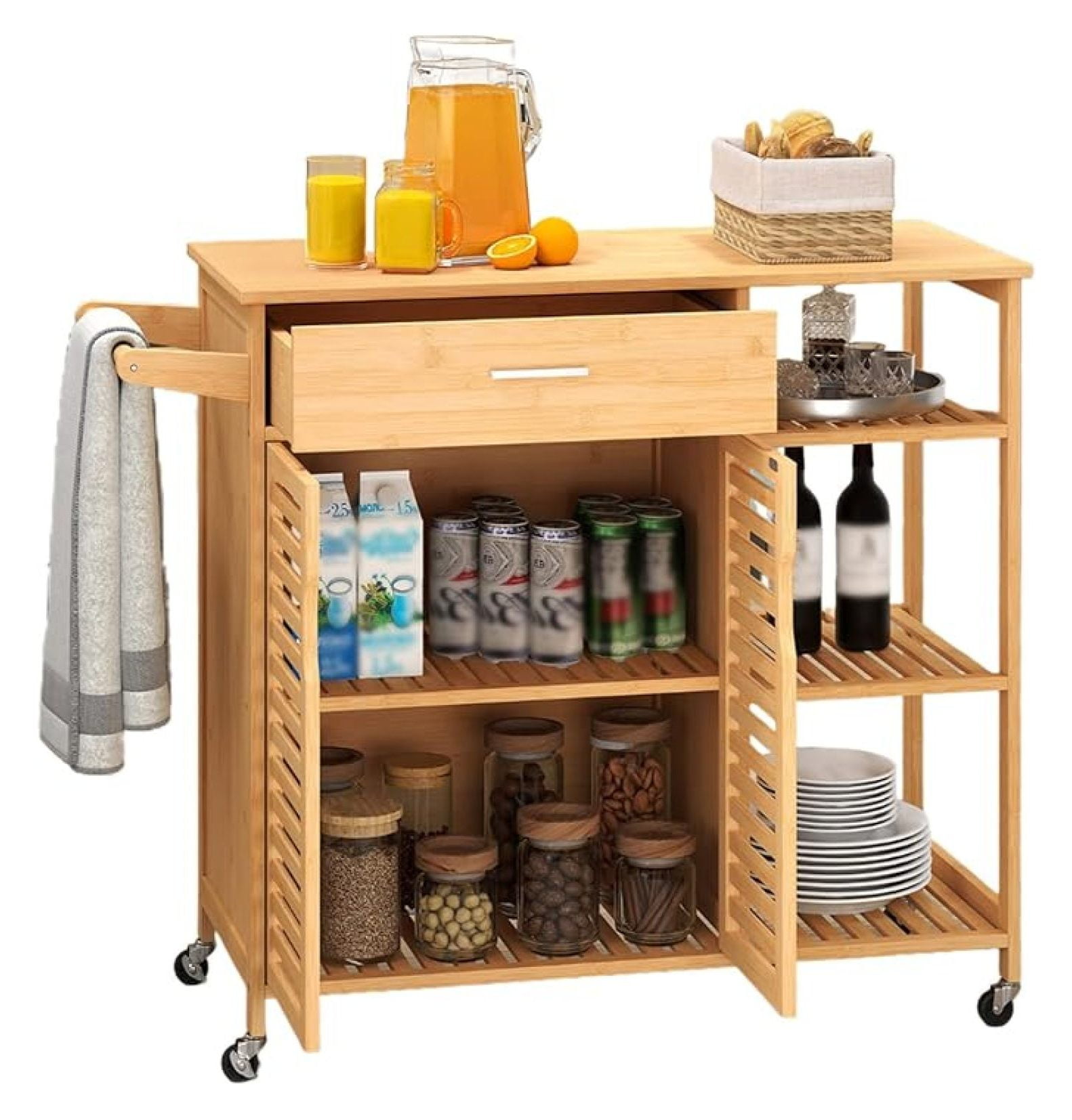 Bamboo Kitchen Island Cart, Rolling Butcher Block with Large Drawer, 2 ...