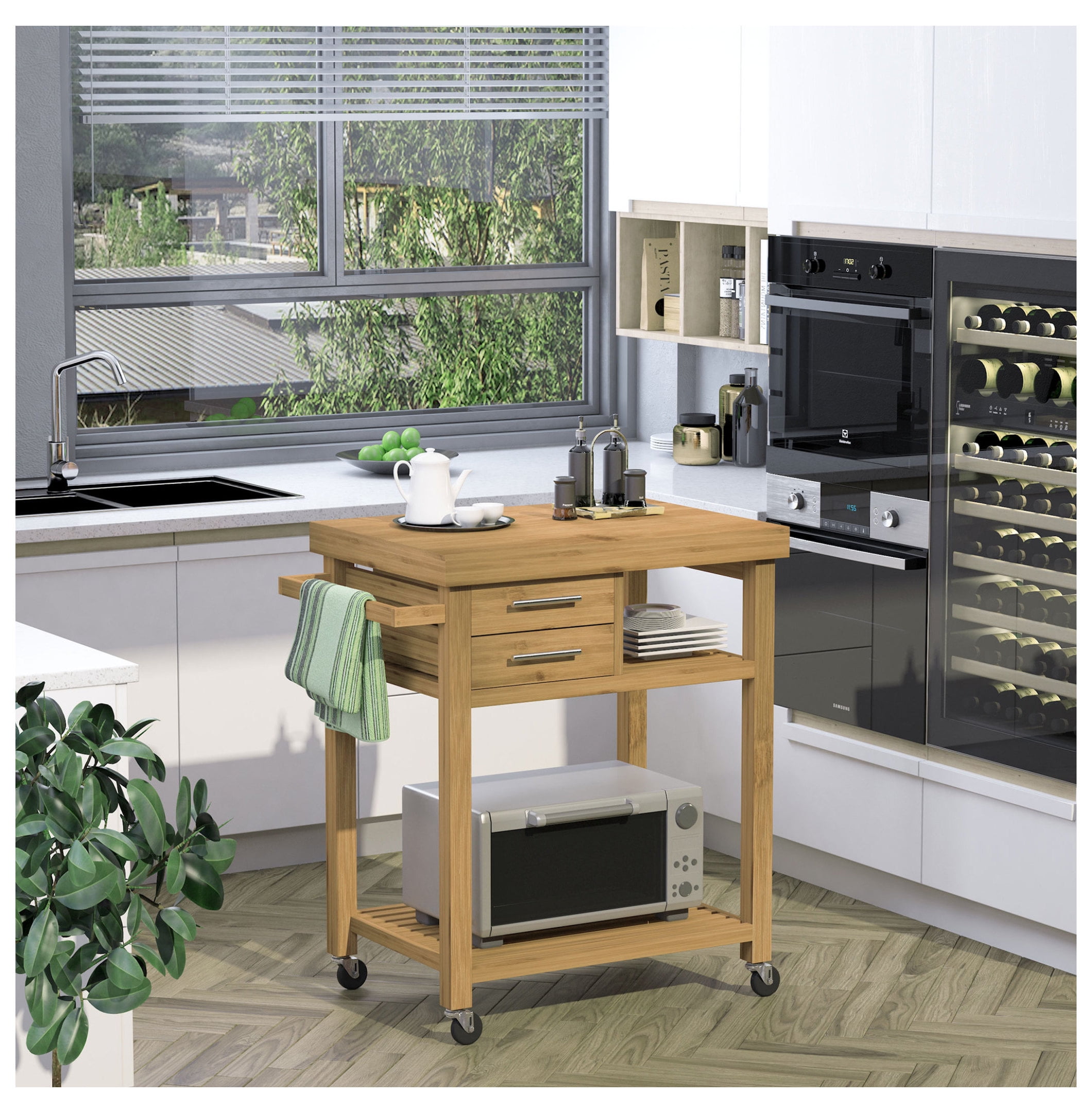 Bamboo Kitchen Island Cart on Wheels, Utility Cart with Drawers ...