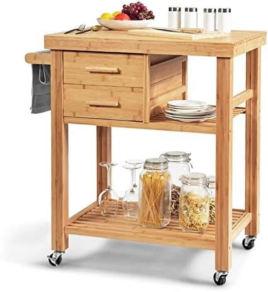 Bamboo Kitchen Island on Wheels, Lockable Rolling Kitchen Cart with 2 ...