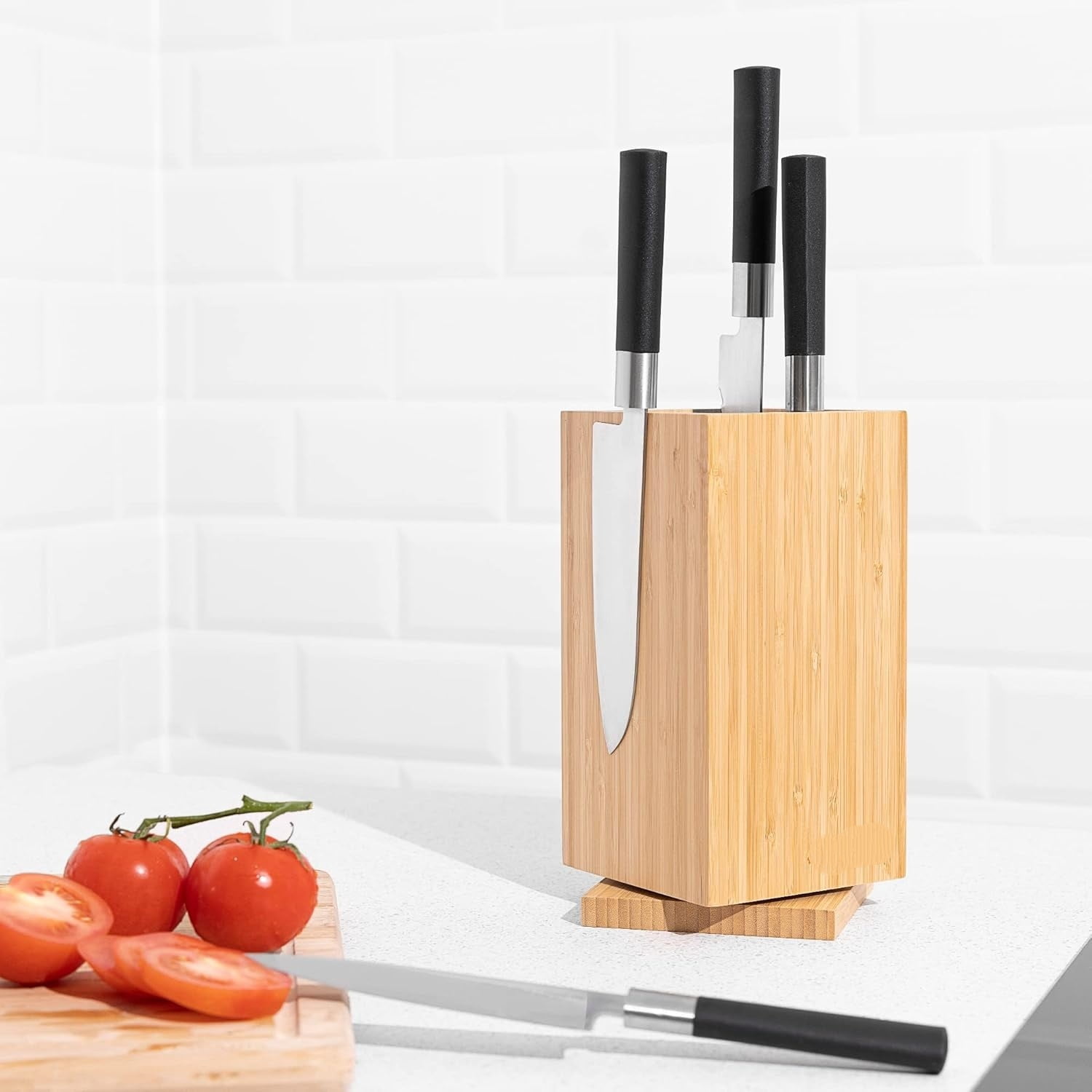 Bamboo Kitchen Knife Block - Magnetic Rotating Bristle Knife Holder ...