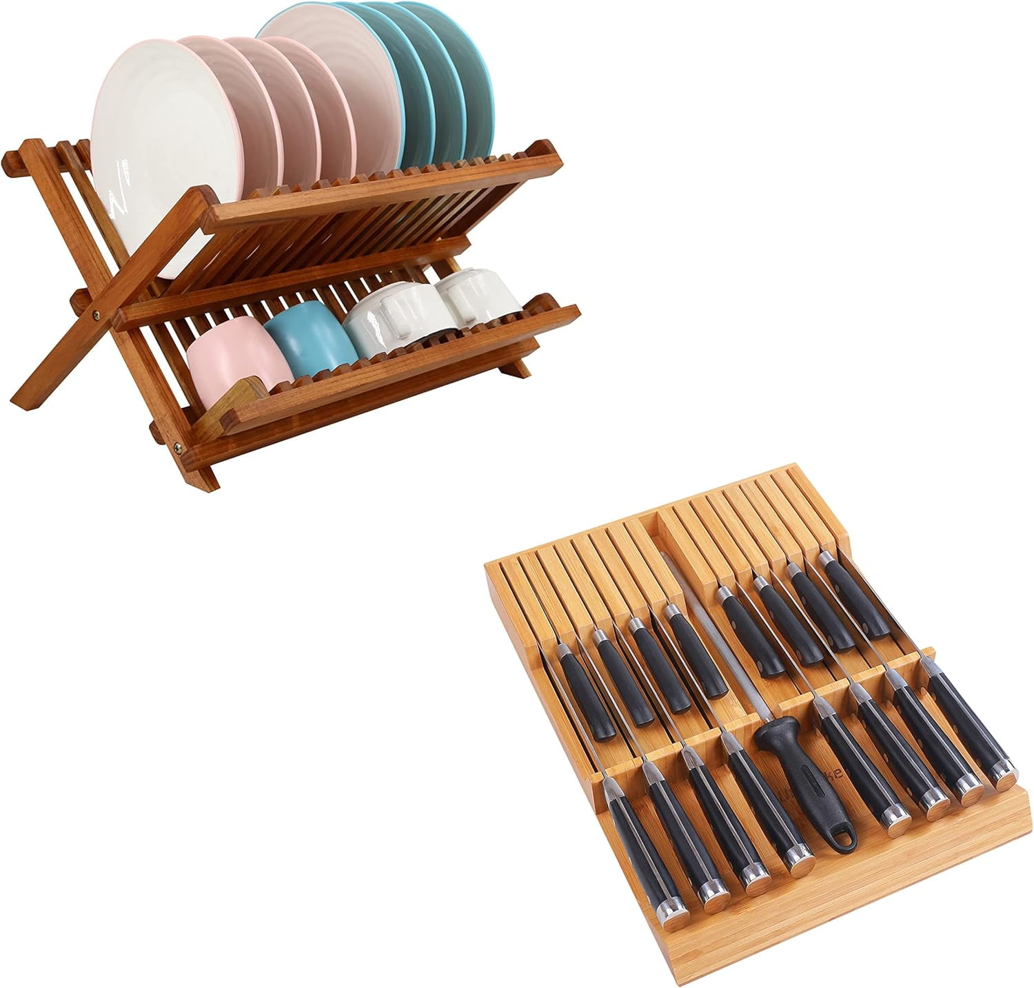 Bamboo Kitchen Knife Drawer Organizer Set and Teak Dish Drainer Rack ...