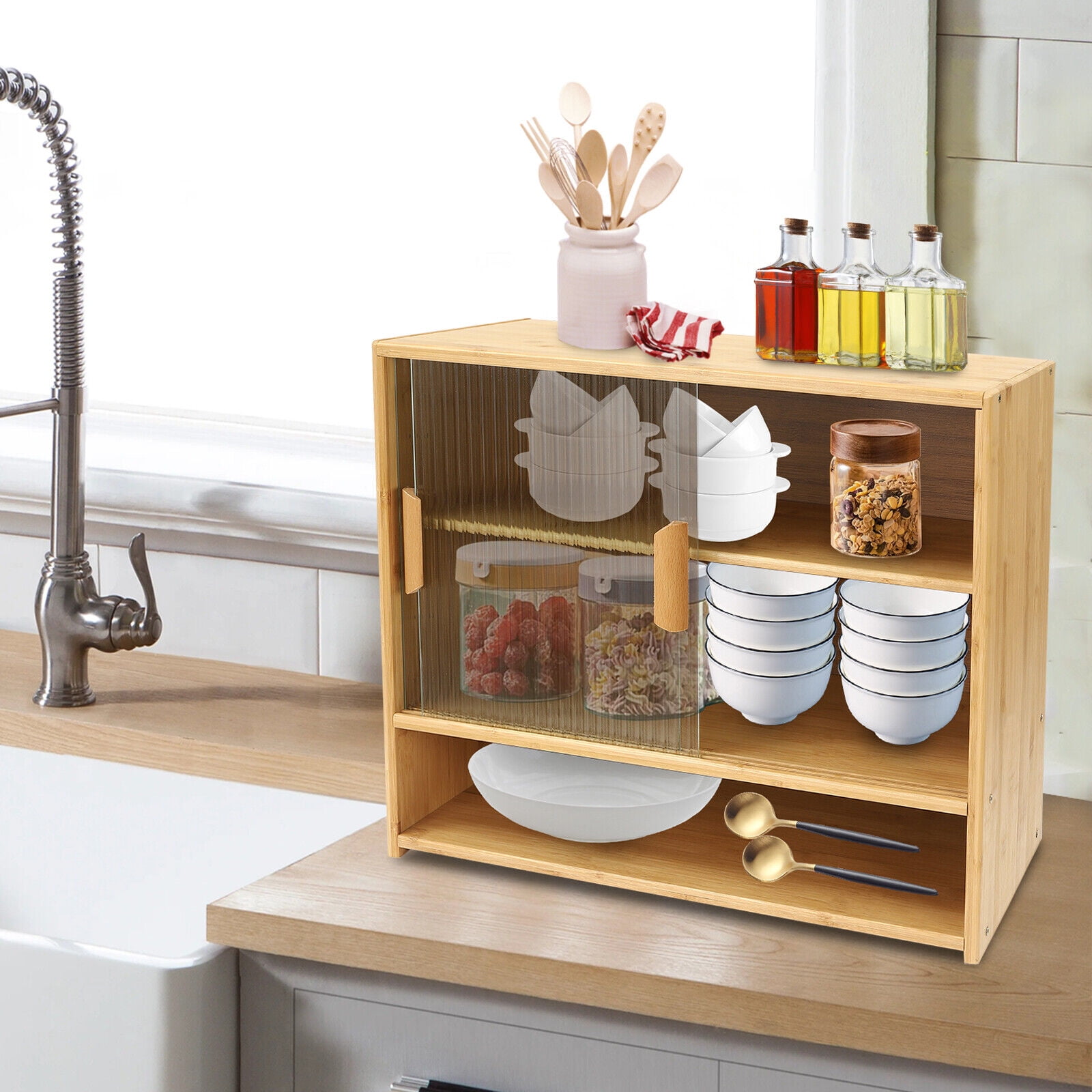 Small Bamboo Kitchen Pantry Sideboard, Countertop Organization Space, 3 ...