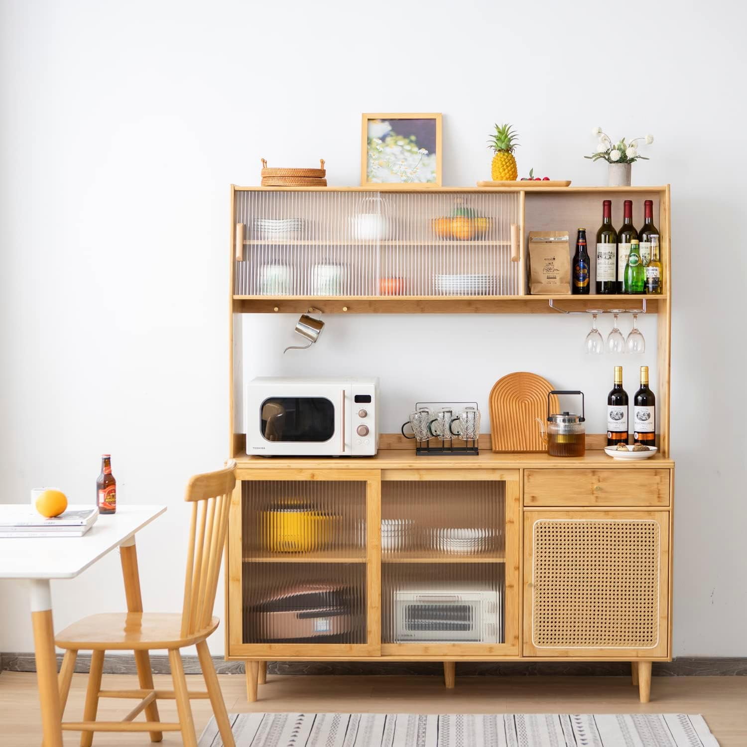 Bamboo Kitchen Sideboard Pantry Cabinets with Hooks, Large Storage ...