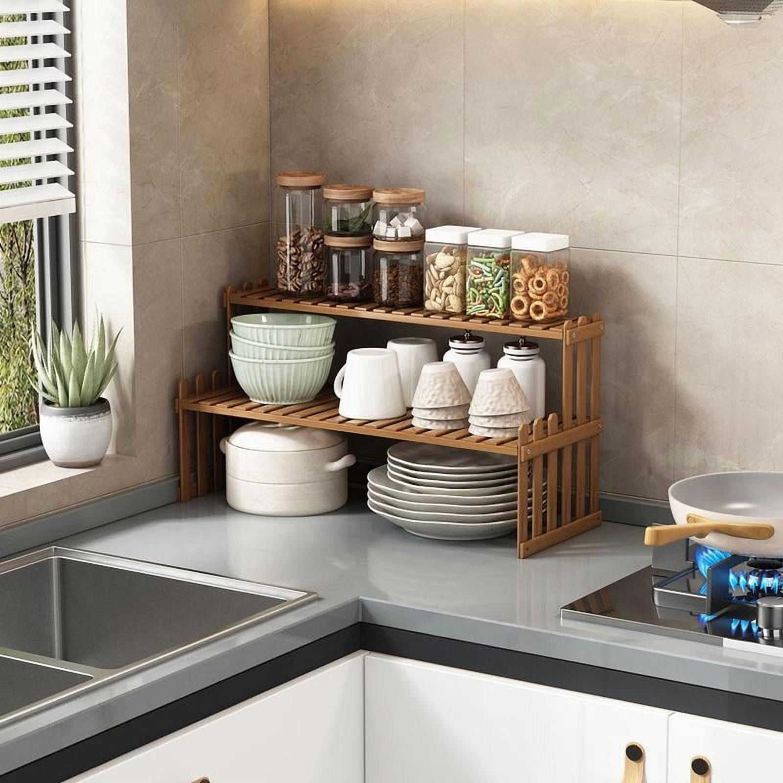 Bamboo Kitchen Storage Rack, 1 Count Kitchen Double Layer Countertop ...