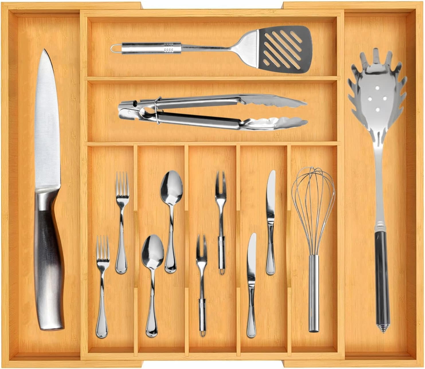 Bamboo Kitchen Utensil Organizer, Expandable Silverware Organizer for ...