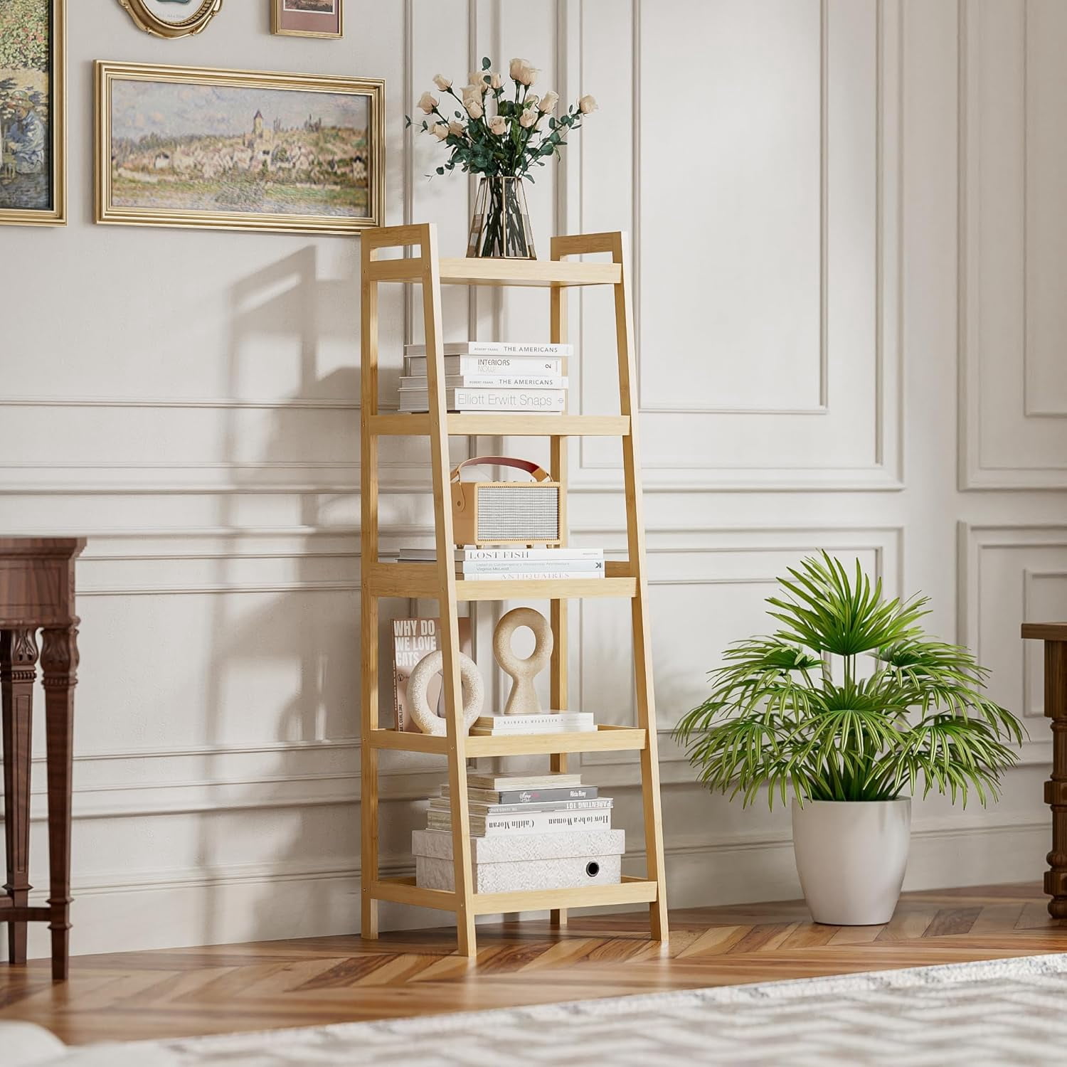 Bamboo Ladder Bookcase 5 Tier Freestanding Plant Display Stand Space ...