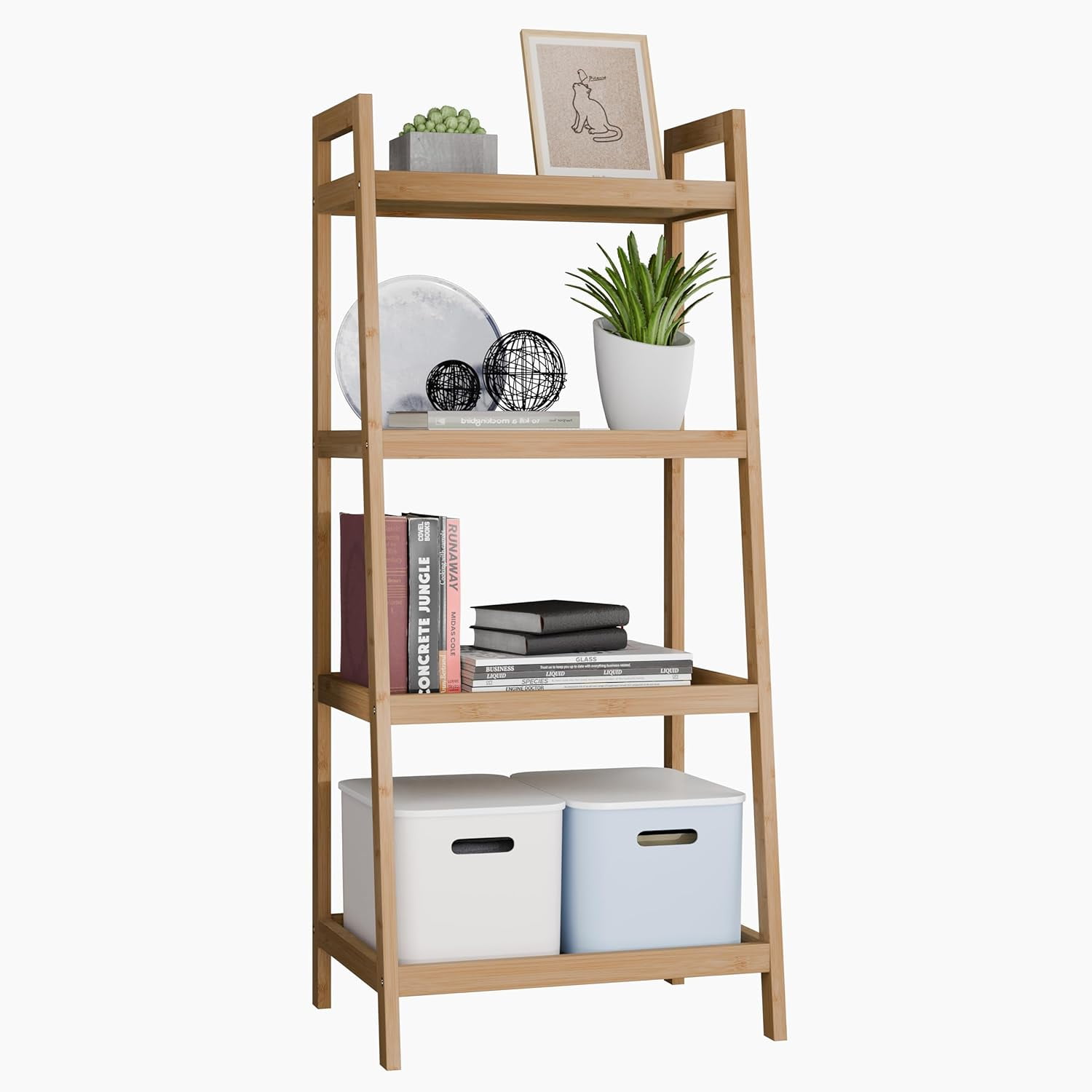 Bamboo Ladder Bookcase, Bathroom Storage Rack Organizer, 4 Tier and 5 Tier Freestanding Plant ...