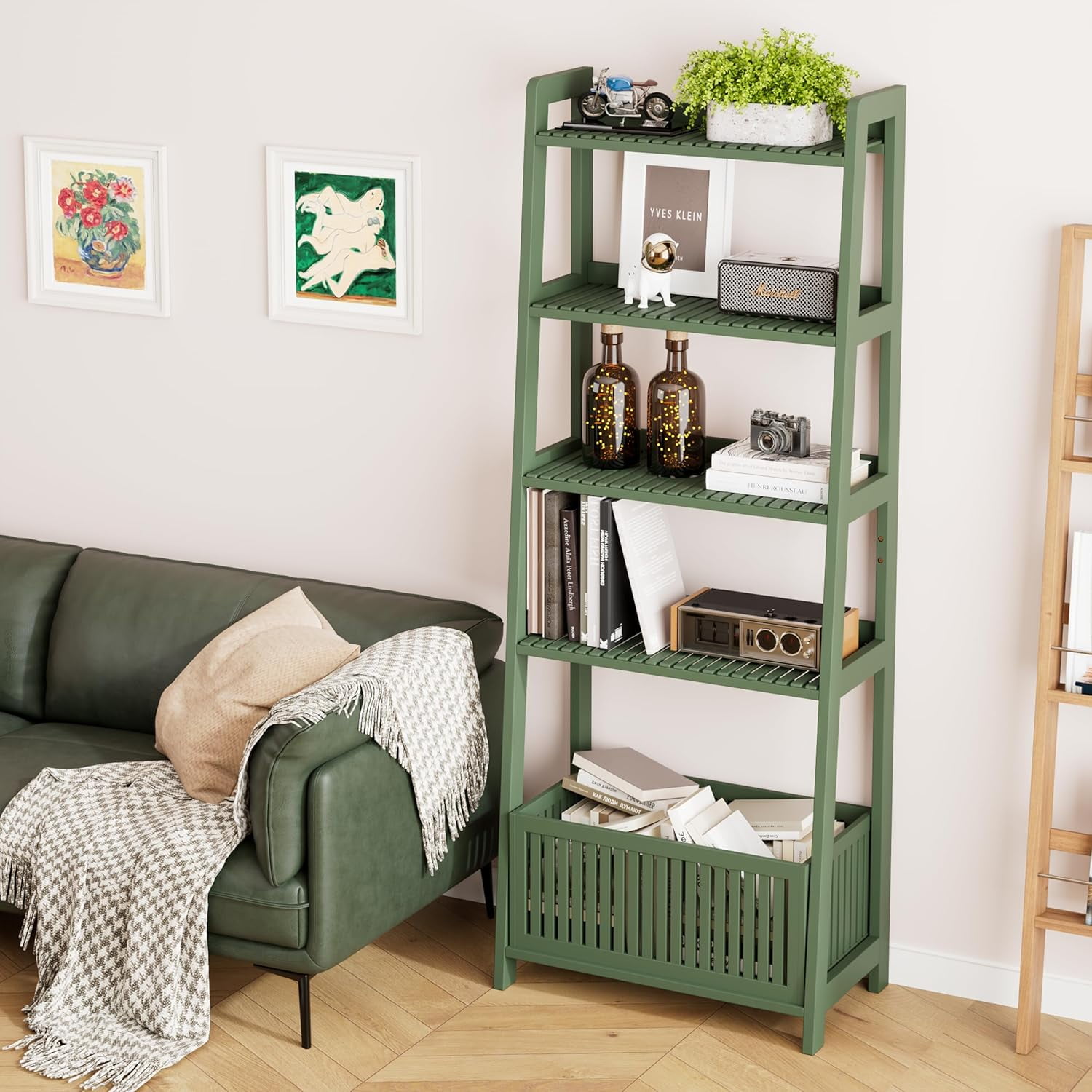 Bamboo Ladder Bookcase, Bookshelf with 4 Display Shelves and 1 Open ...