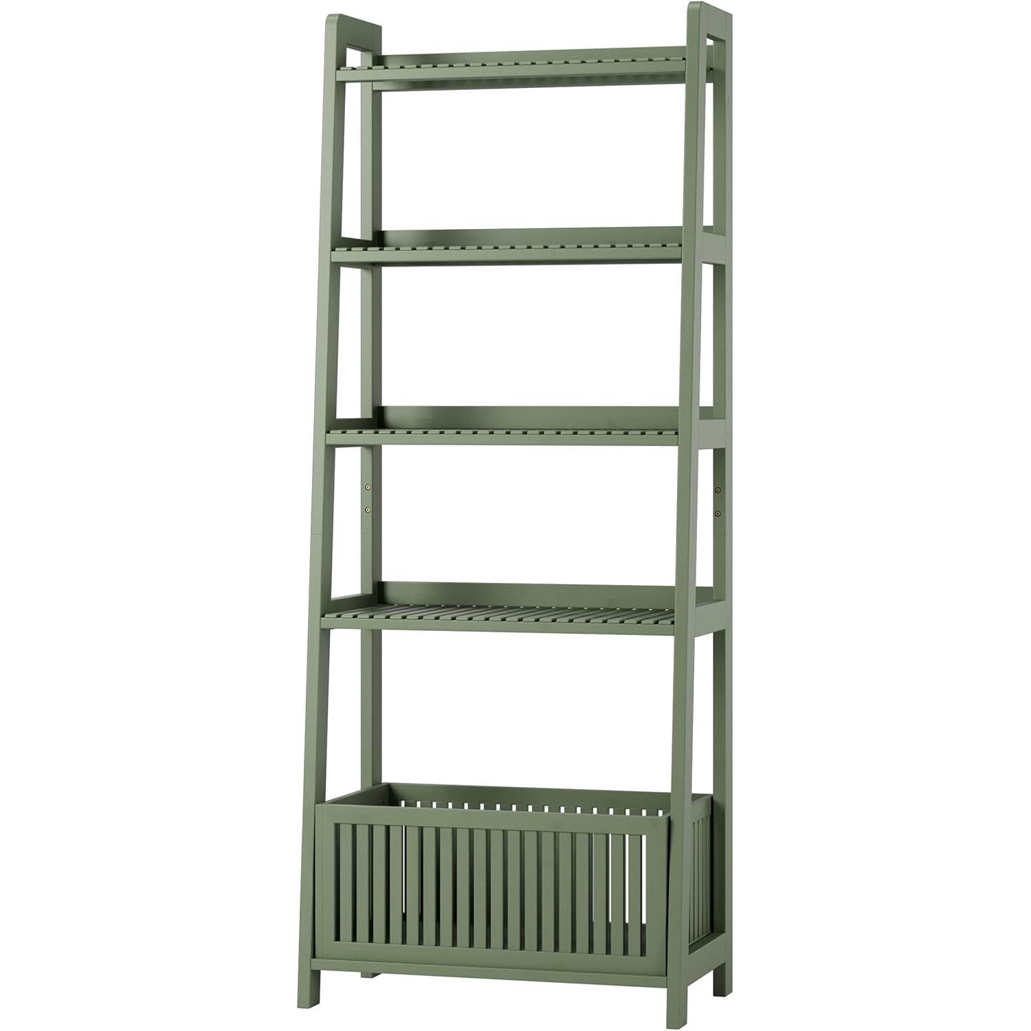 Bamboo Ladder Bookcase with 4 Display Shelves and 1 Open Storage Basket ...
