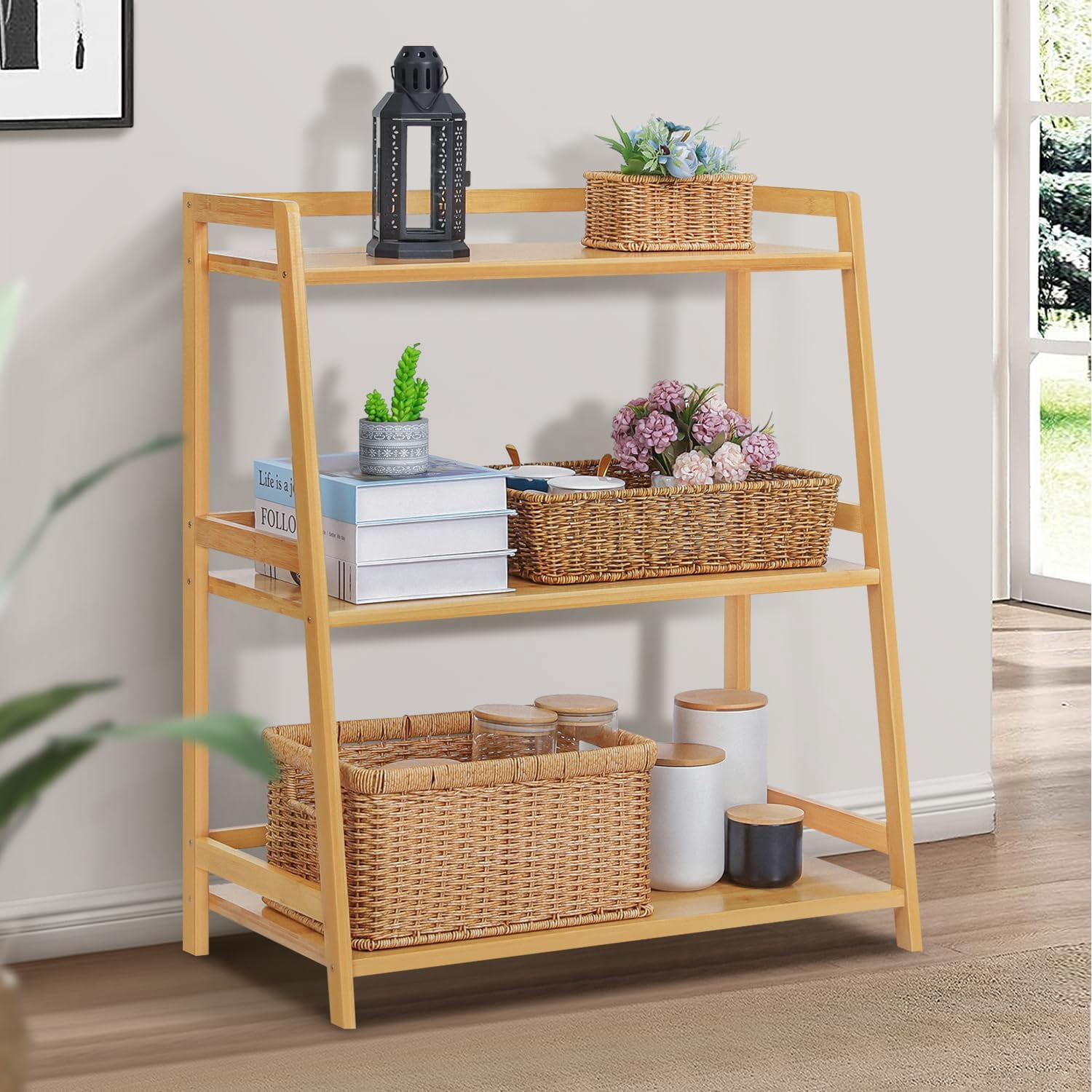Bamboo Ladder Bookshelf 3-Tier Ladder Shelf Floor Freestanding Display ...