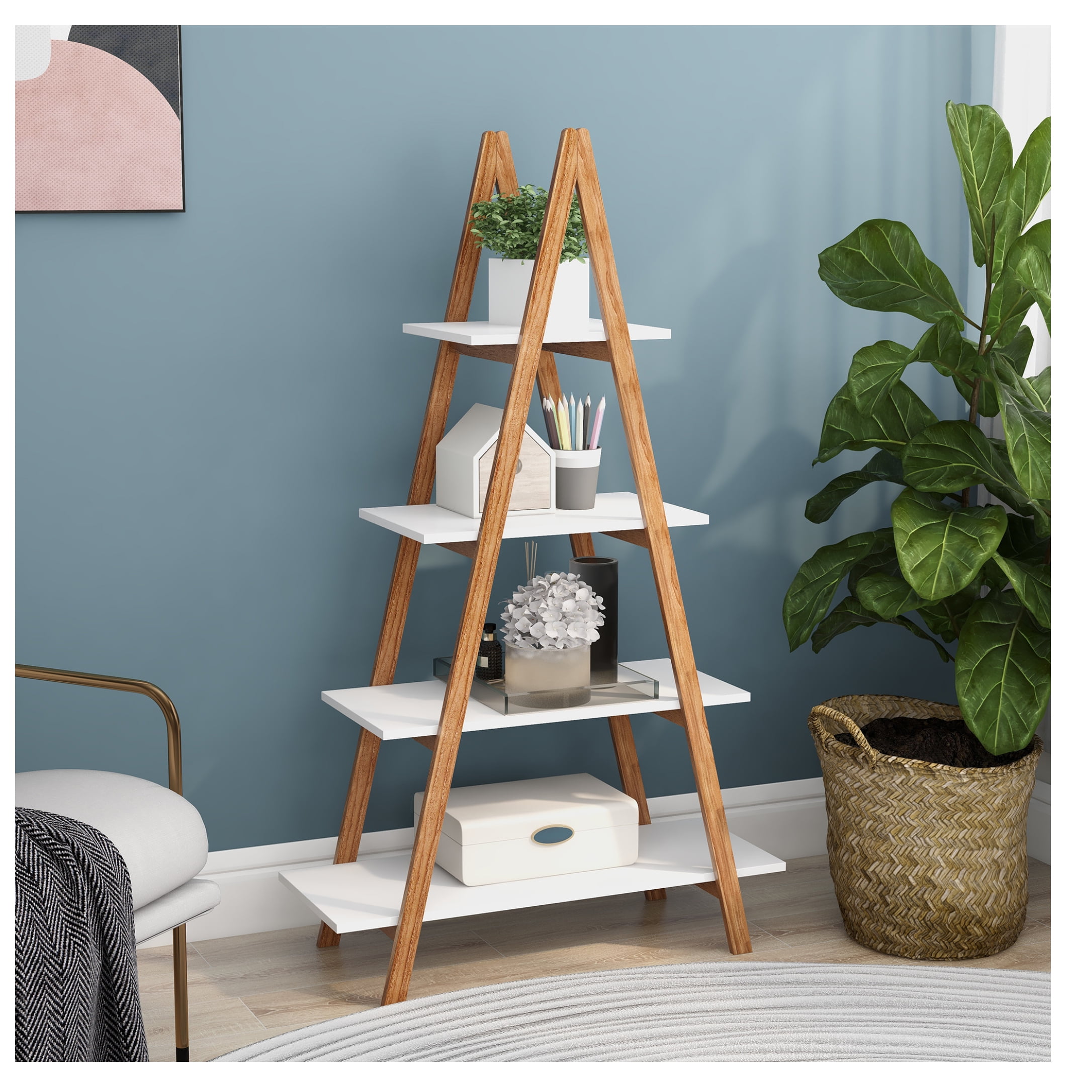 Bamboo Ladder Bookshelf - 4 Tier A-Frame Open Display Shelf - UV ...
