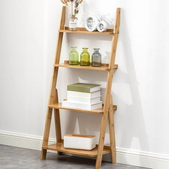 Bamboo Ladder Shelf Bookcase, 5-Tier Leaning Bookshelf Free Standing ...