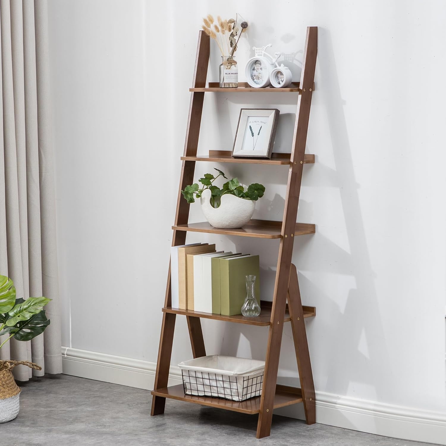 Bamboo Ladder Shelf Bookcase, 5-Tier Leaning Bookshelf Free Standing ...