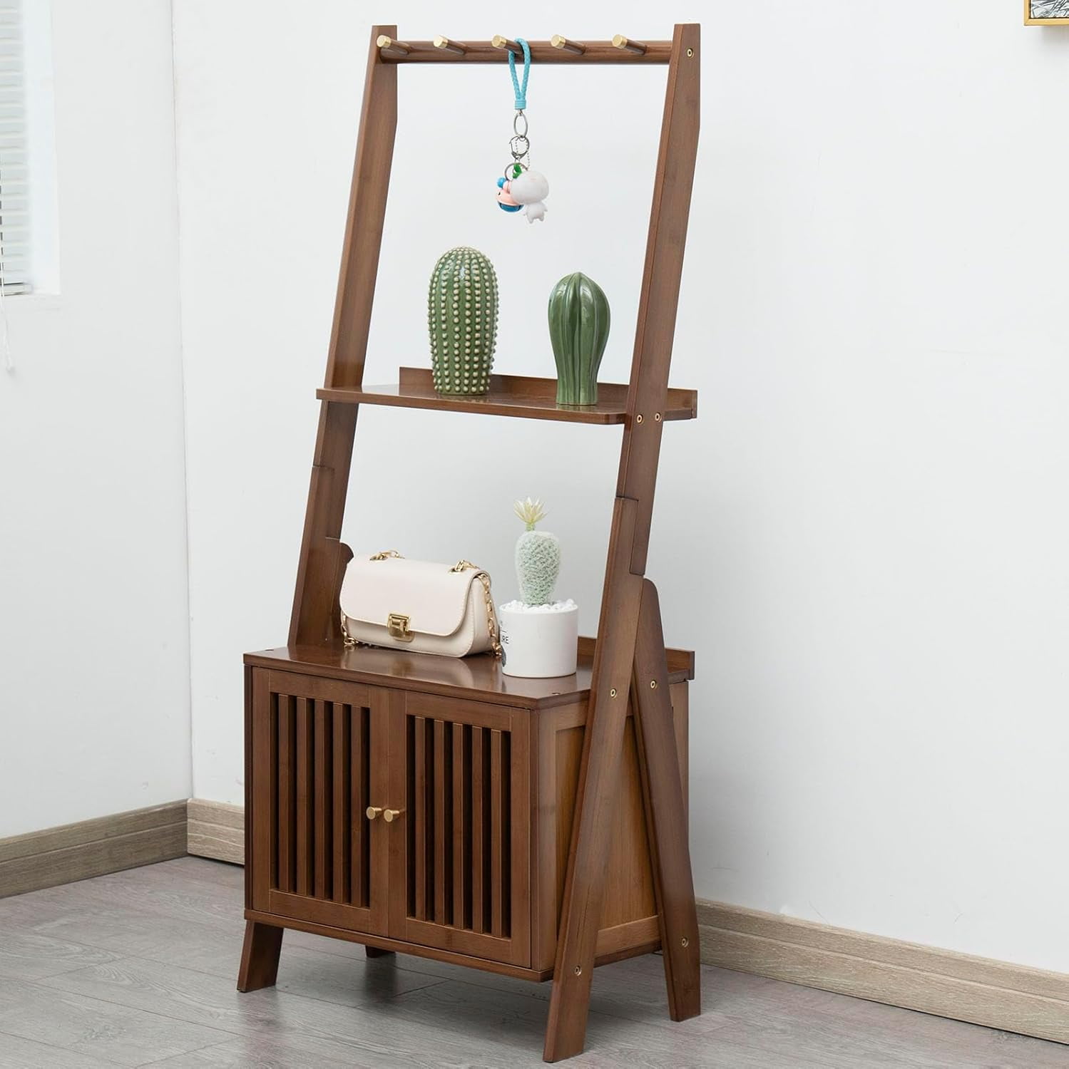 Bamboo Ladder Shelf Modern Wood Bookshelf Tall Bookcase Leaning Wall ...