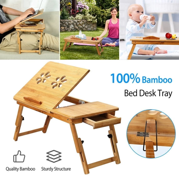 Bamboo Laptop Desk Breakfast Serving Bed Tray Foldable Leg Multi ...