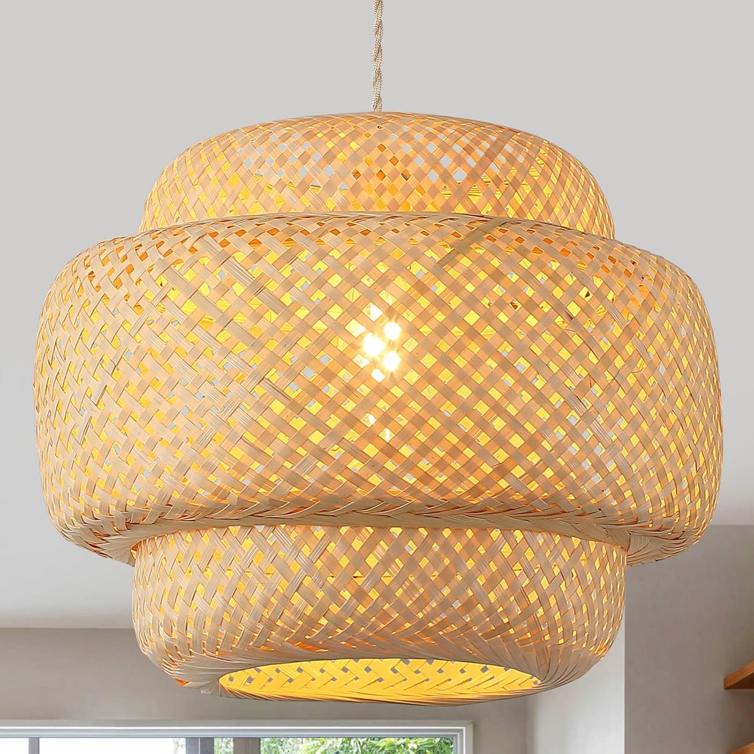 Bamboo Large Pendant Light Fixture 16 inch One-Light Adjustable Boho ...