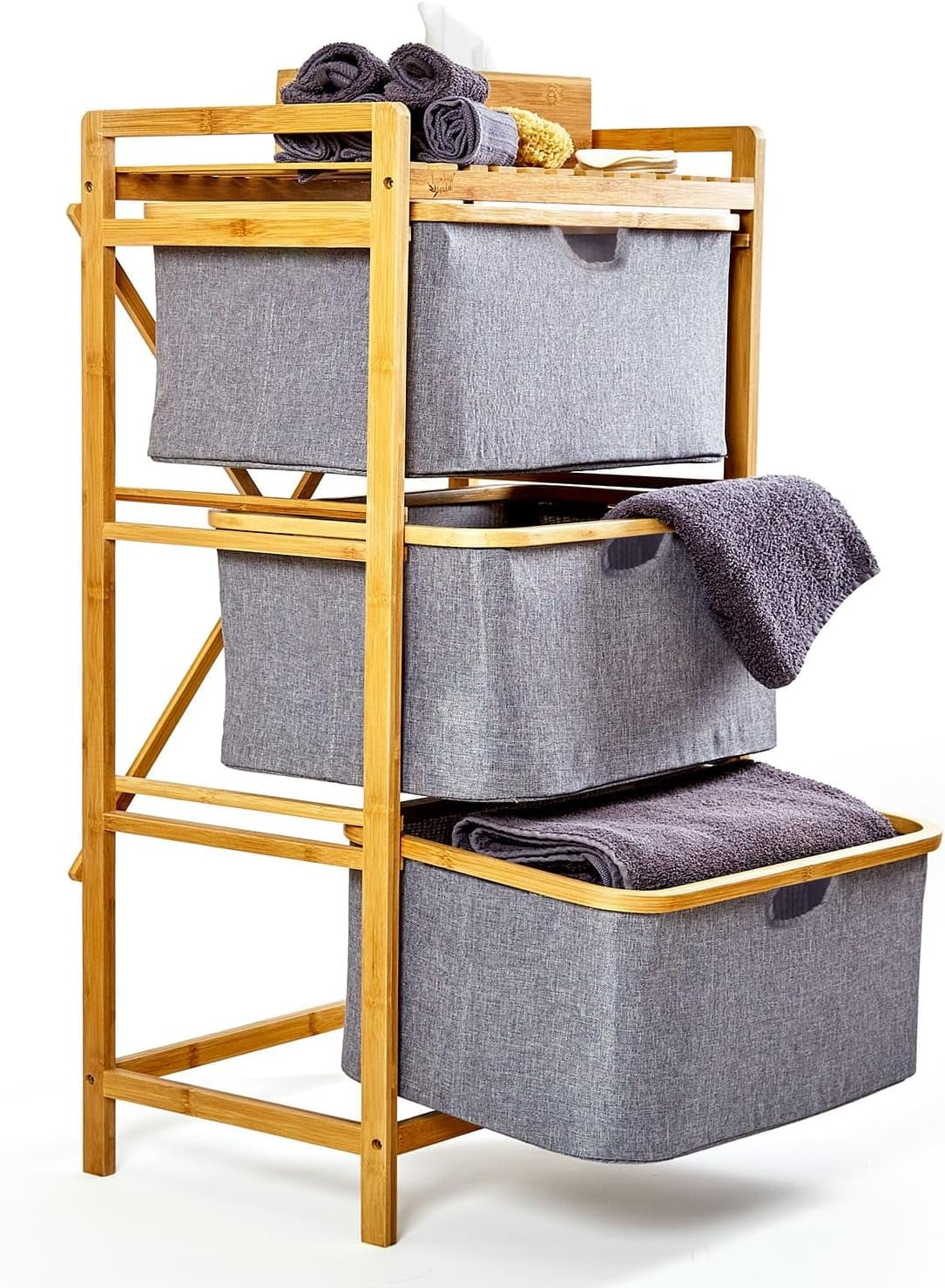 Bamboo Laundry Basket Organizer,3-Tier Pull Out Hamper Drawers Wooden ...