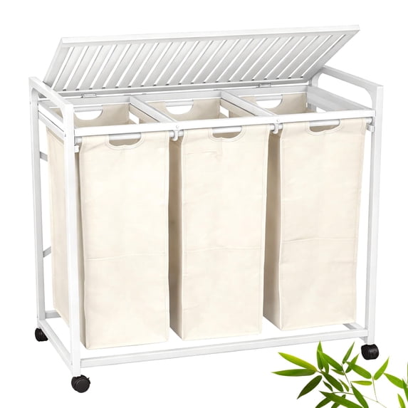 Bamboo Laundry Hamper 3 Section with Lid, 150L Laundry Sorter with ...