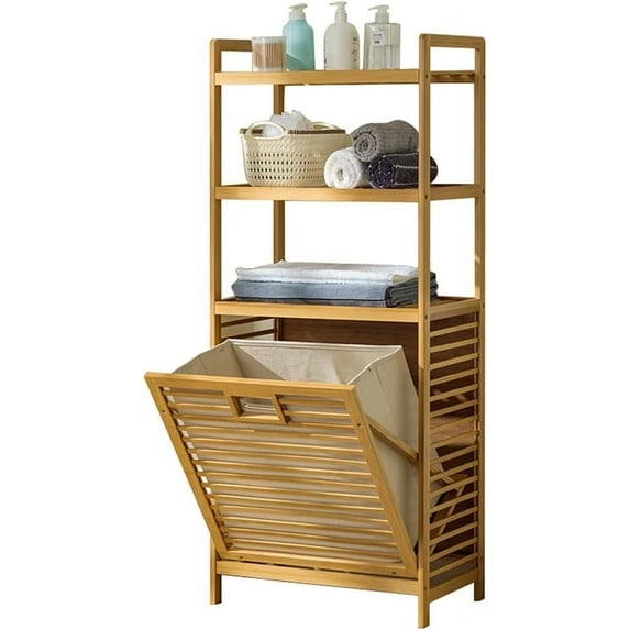 Bamboo Laundry Hamper with 3 Tier Shelves & Tilt Out Basket, Laundry ...