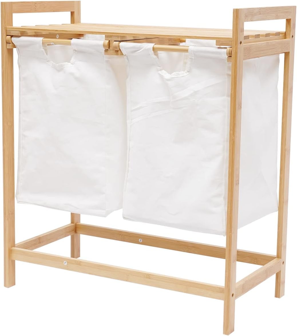 Bamboo Laundry Hamper Basket, 2 Sections Laundry Clothes Hamper Sorter ...