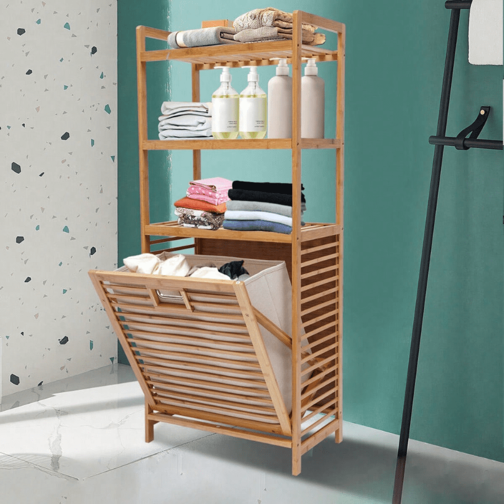 Bamboo Laundry Hamper With Rack,Laundry Basket With 3 Shelves,Laundry ...