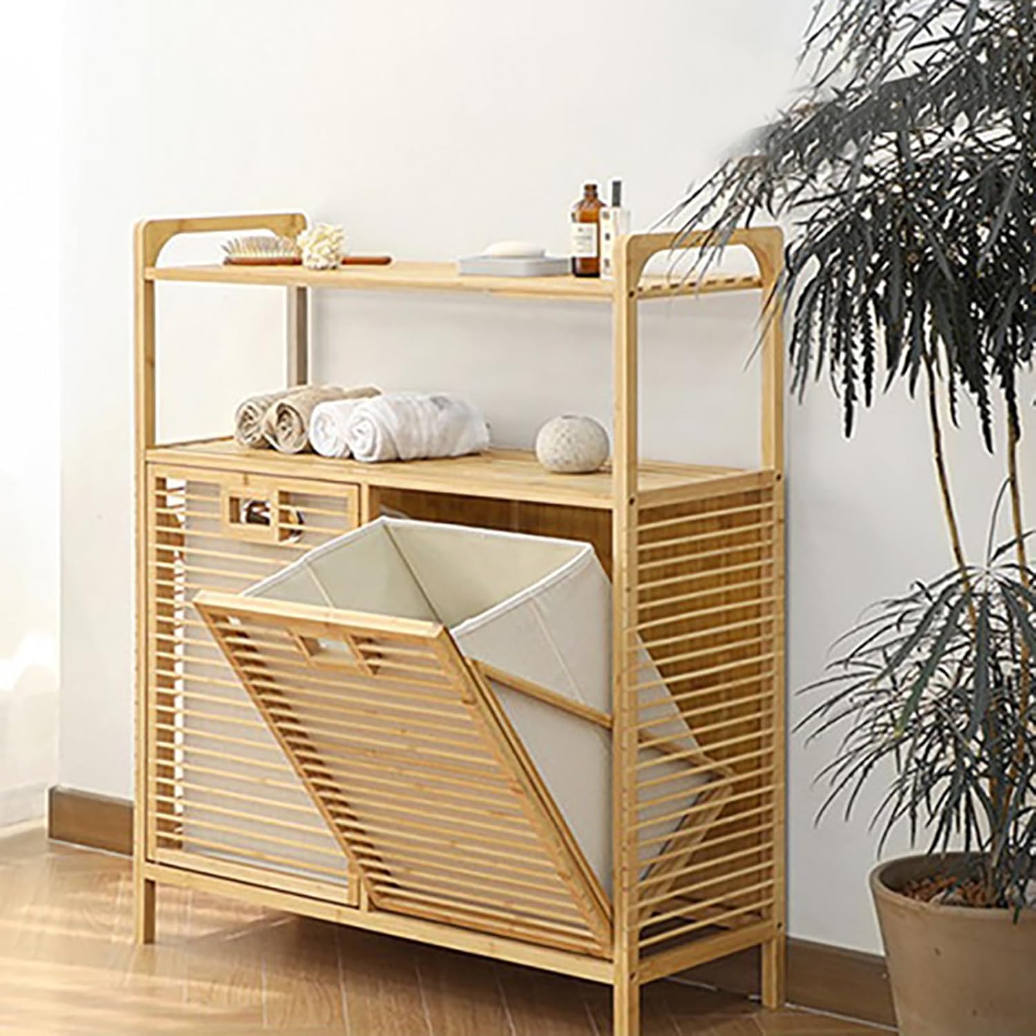 Bamboo Laundry Hamper with 2-Tier Shelf, 2 Tilt Out Laundry Basket ...