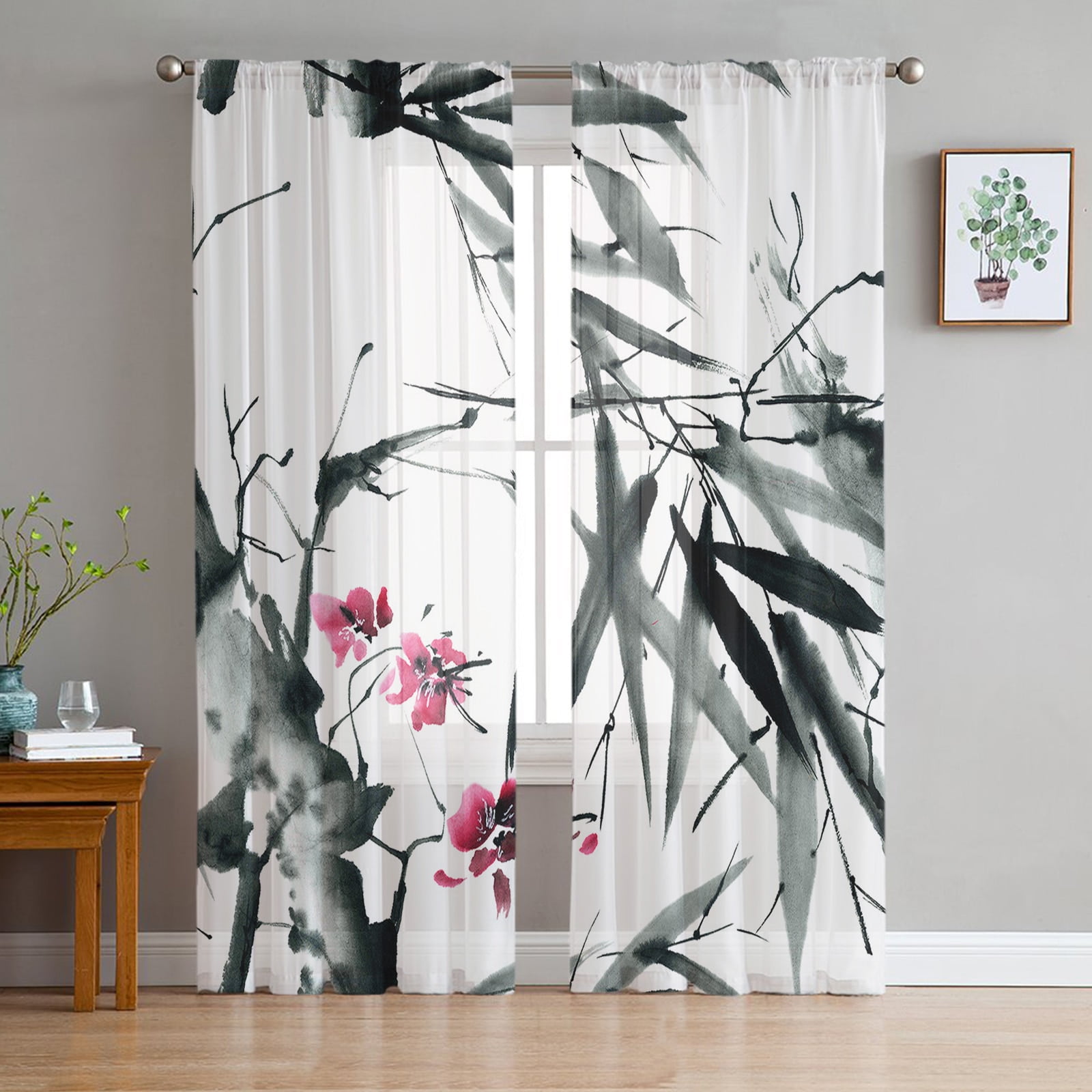 Bamboo Leaf Flower Petal Branch Tulle Voile Curtains For Bedroom Window ...