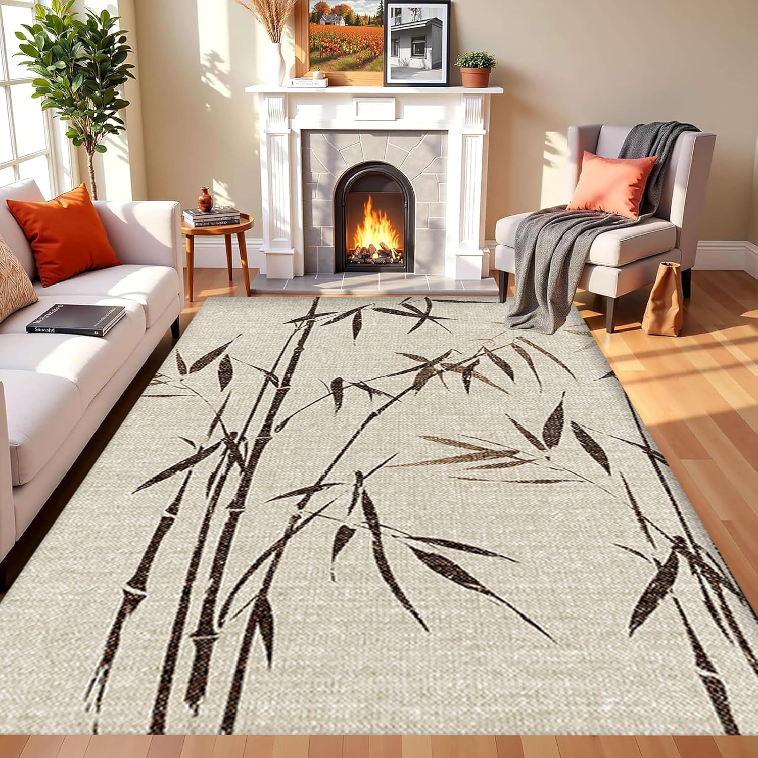 Bamboo Leaves Area Rug, Watercolor Splash Bamboo Painting Meditation ...
