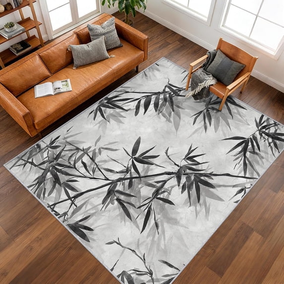 Bamboo Leaves Area Rugs, Green Asian Oriental Chinese Ink Painting ...